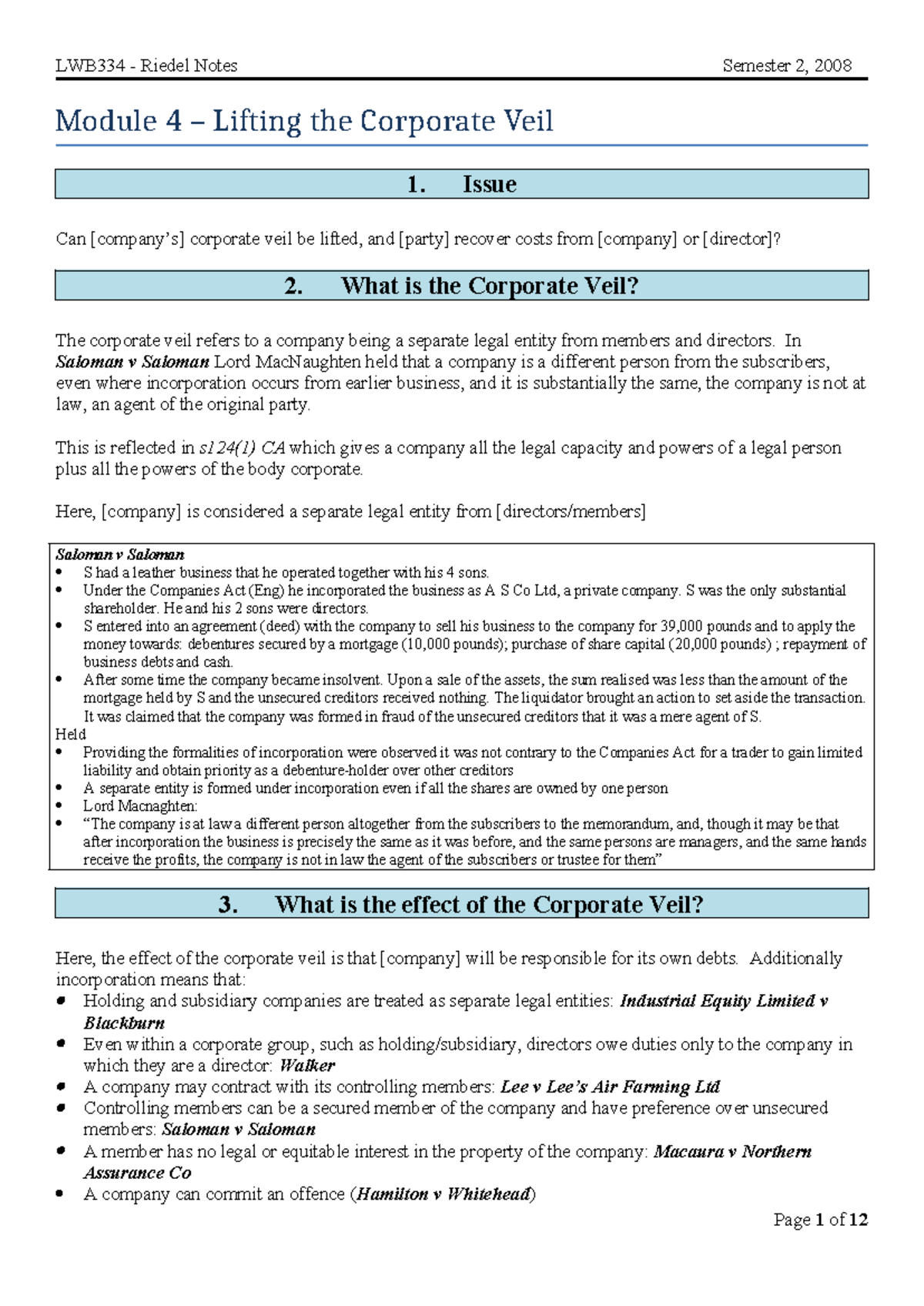 Module 4 (Wk 4) - Lifting the Corporate Veil - Module 4 – Lifting the Corporate Veil 1. Issue ...