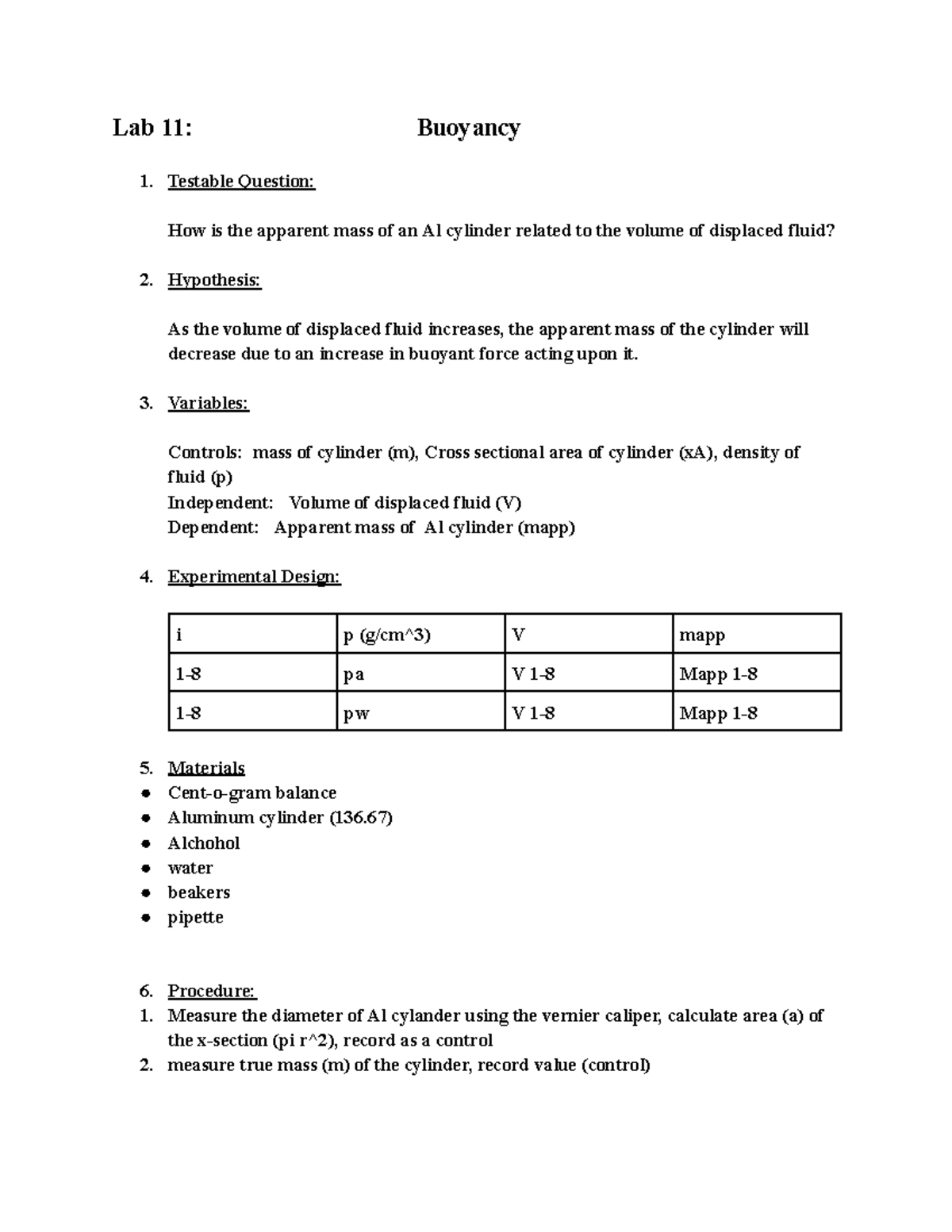 Buoyancy lab - Full Lab PDF with data and graphs - Lab 11: Buoyancy ...