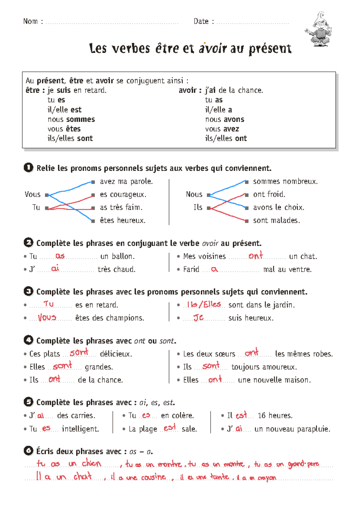 Le verbe avoir et etre - Relie les pronoms personnels sujets aux verbes ...