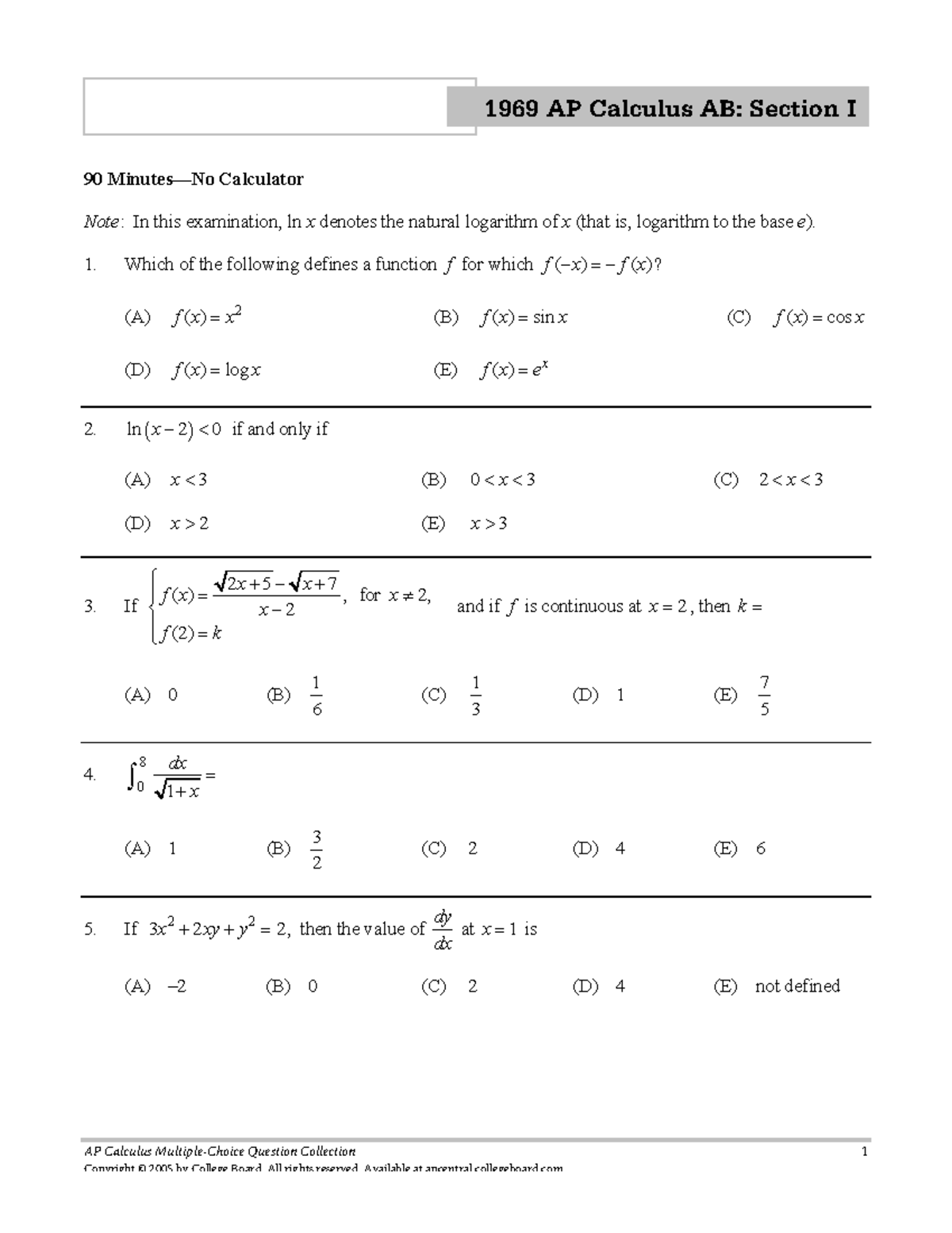 1969 AB MC - dwad - AP Calculus Multiple-Choice Question Collection 1 ...