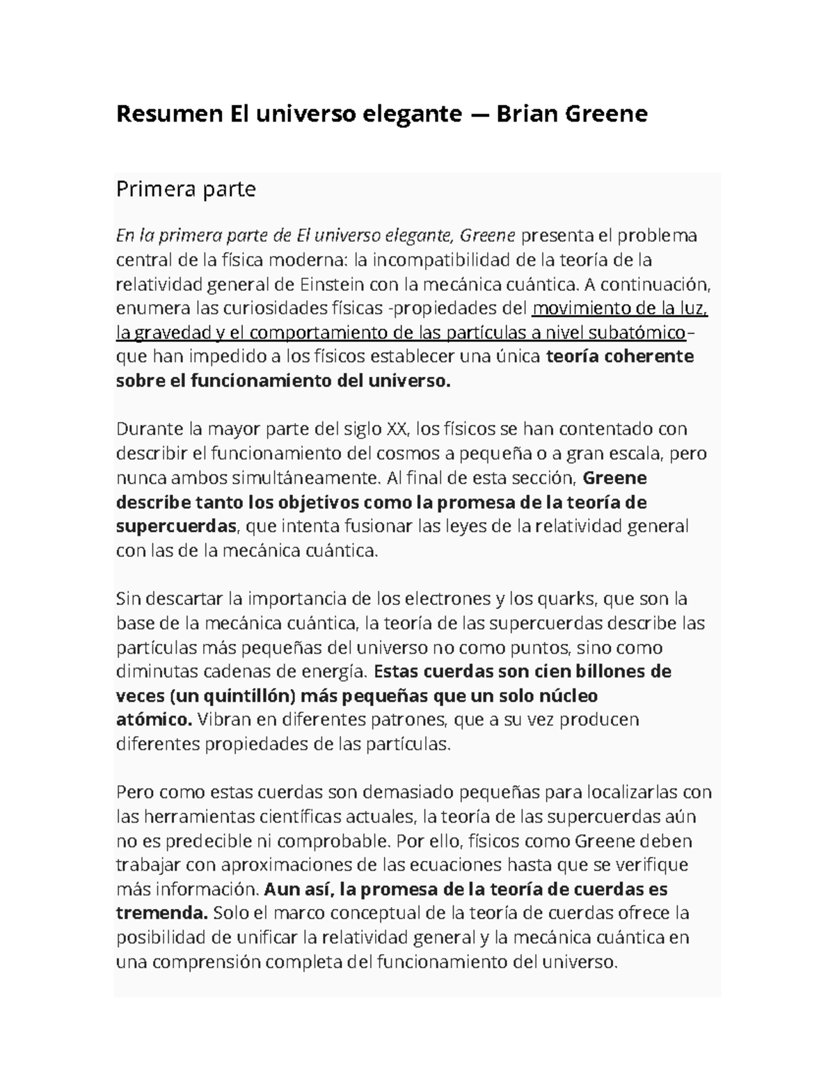 Resumen El universo elegante (capítulos 1-4) - Resumen El universo ...