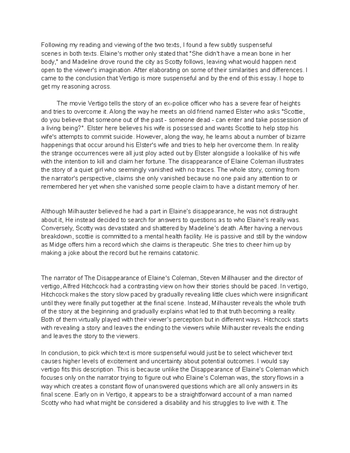 Vertigo Essay - Following my reading and viewing of the two texts, I ...