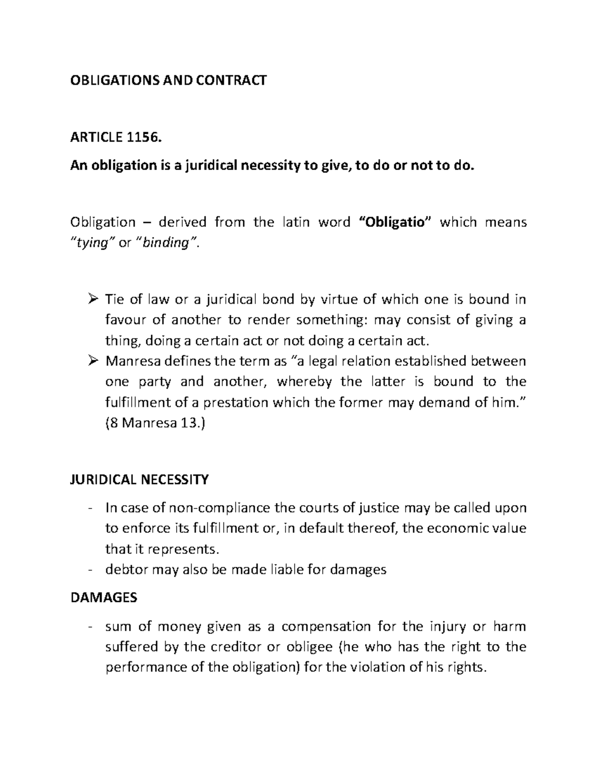 Notes on Oblicon - Obligations and Contracts - OBLIGATIONS AND CONTRACT ...