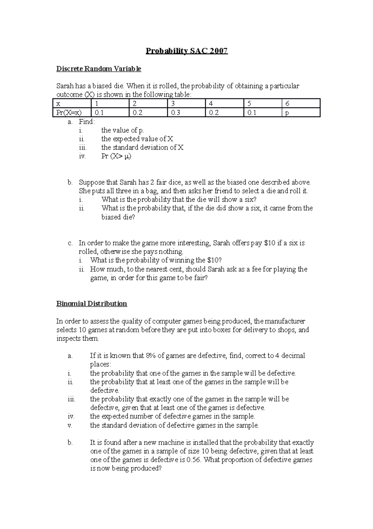 2007 Probability practise vce 34 sac - Probability SAC 2007 Discrete ...