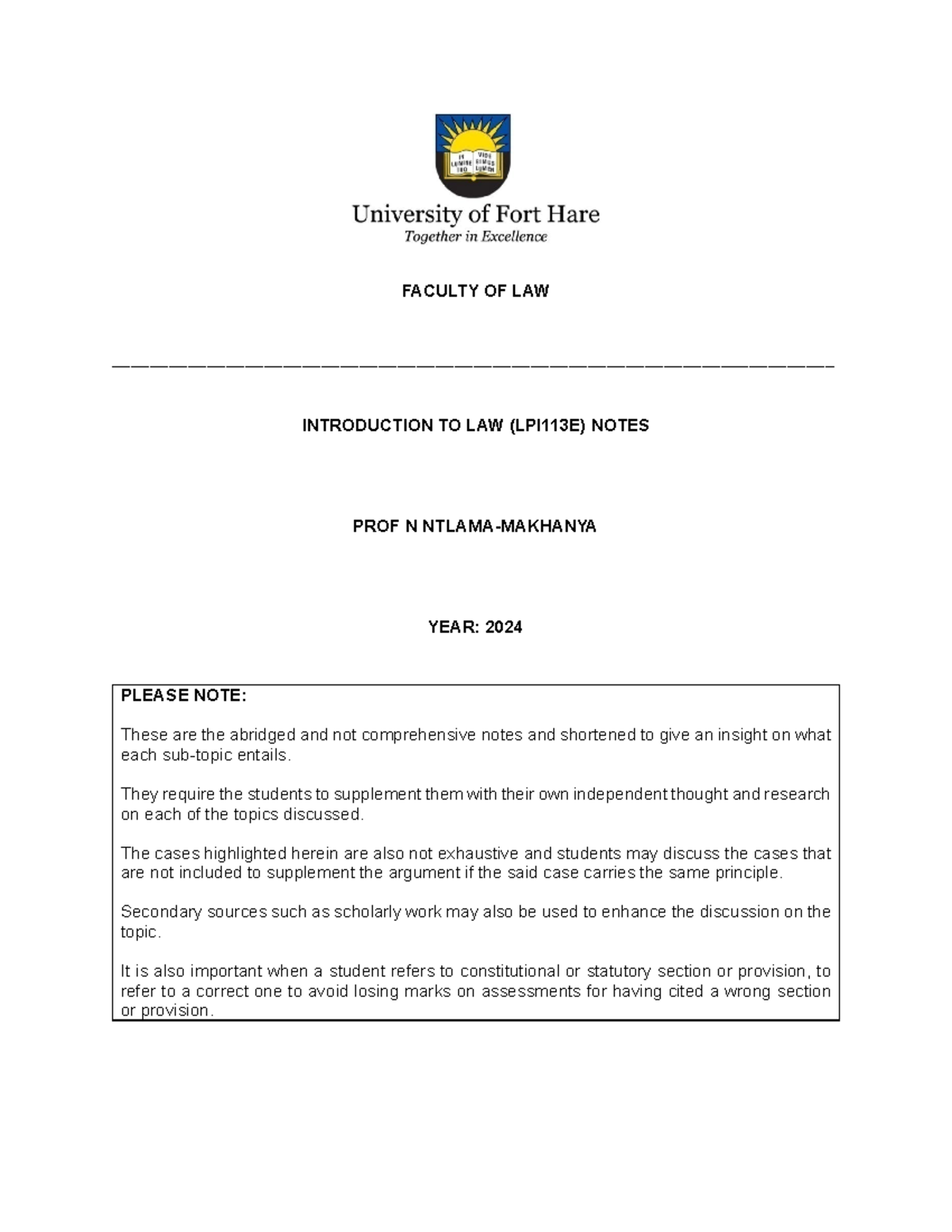 Introduction Notes A 24 - FACULTY OF LAW - Studocu