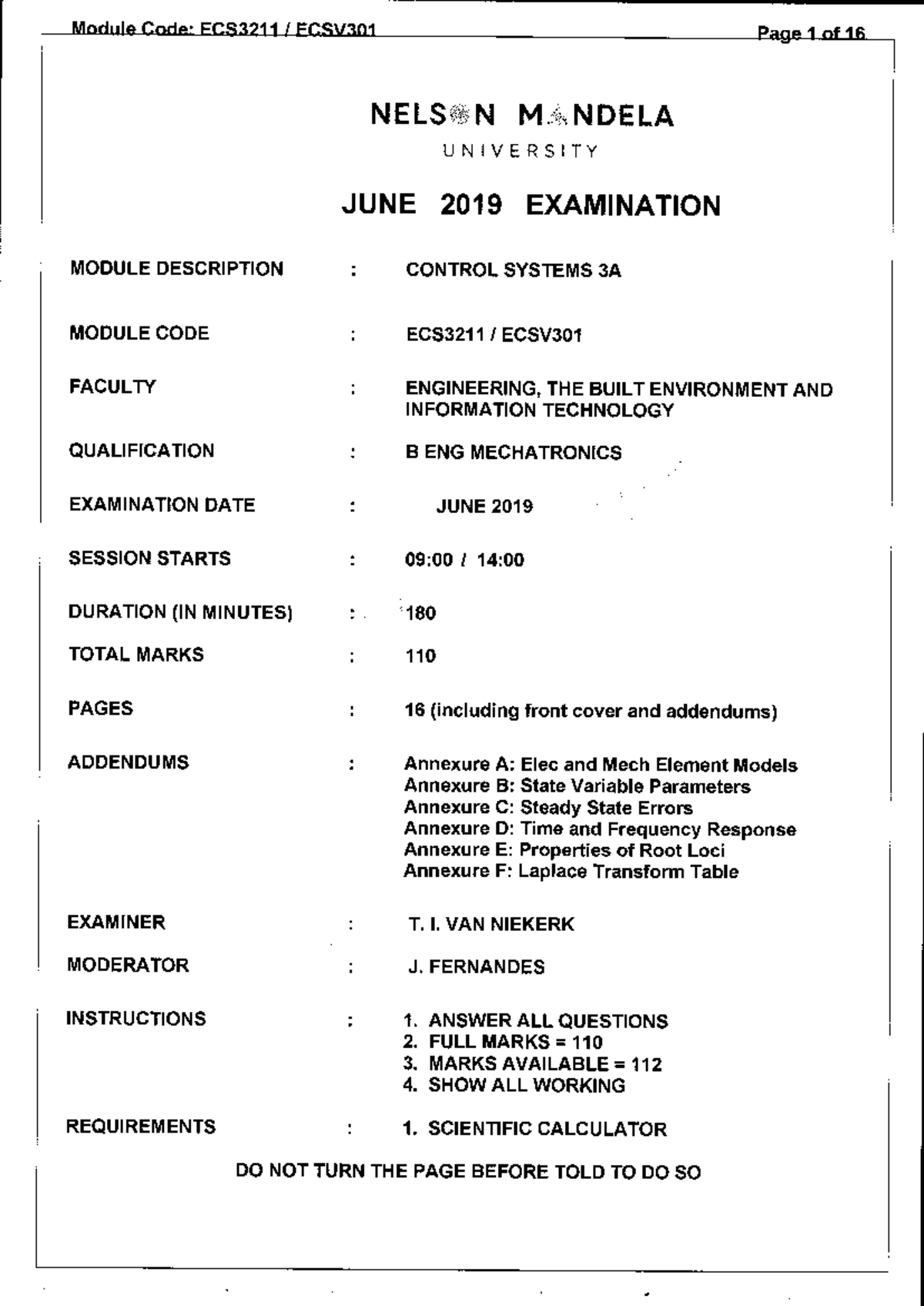 ECS3211 JUNE 2019 - END OF MODULE EXAM FOR MECHATRONICS 2019 - Module ...