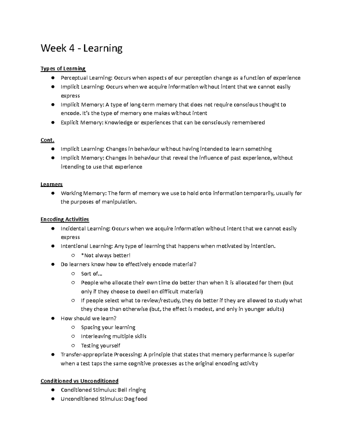 PSYC 100A 001 - Week 4 Notes - Week 4 - Learning Types of Learning ...
