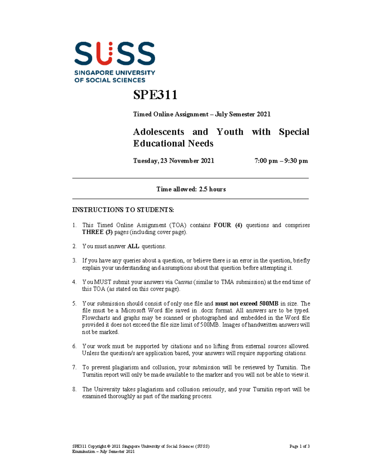 SPE311 TOA Question Paper - SPE311 Copyright © 2021 Singapore ...