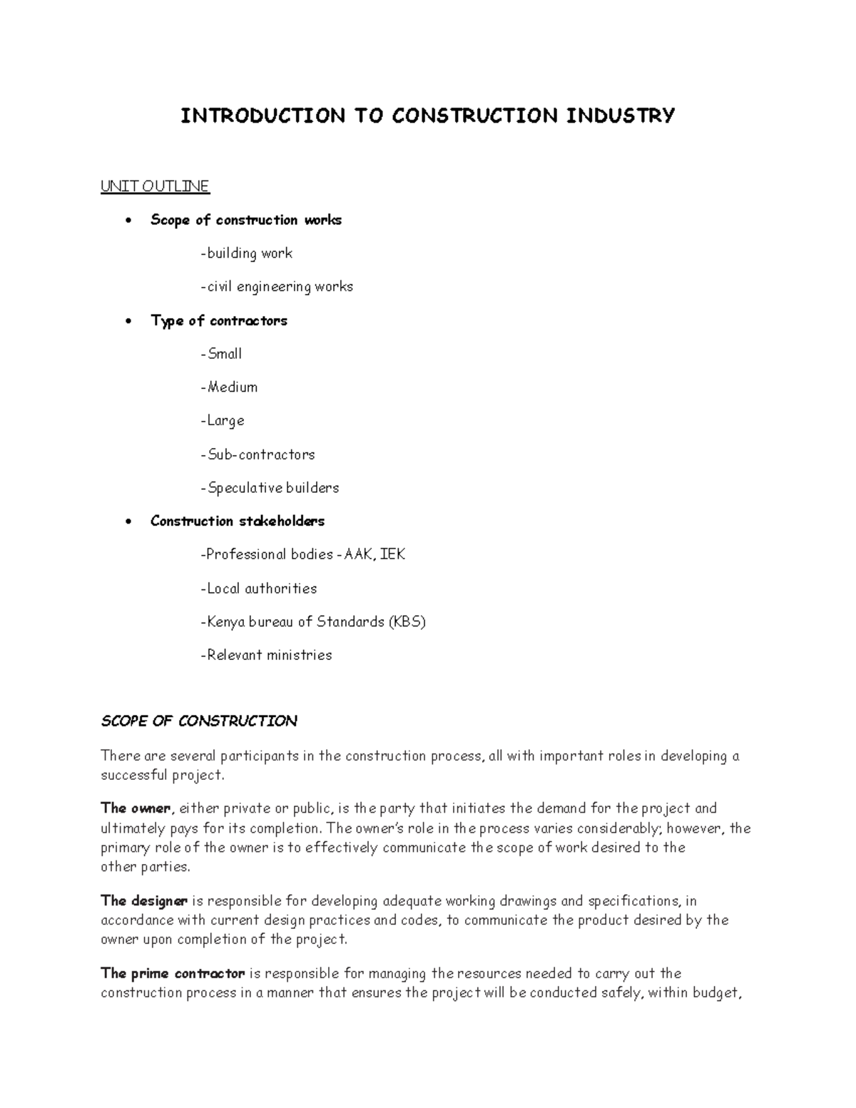 Construction Management ONE Notes - INTRODUCTION TO CONSTRUCTION ...
