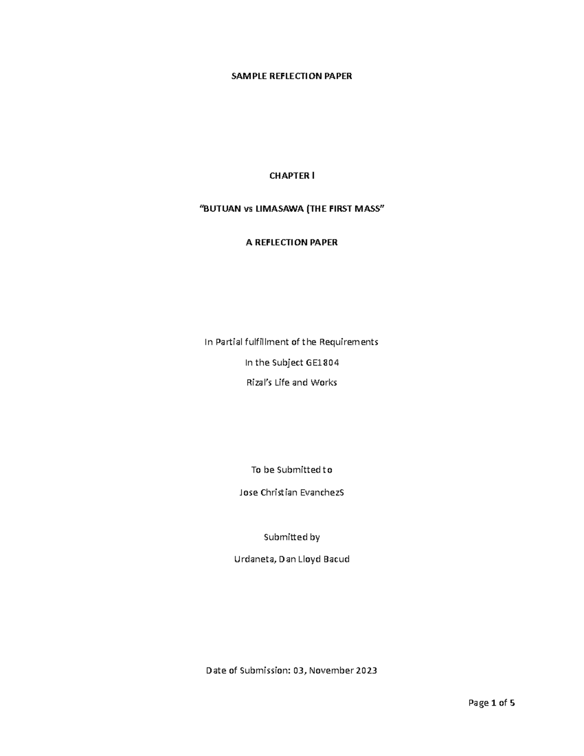 Task Performance(RPH- Midterm) Urdaneta - SAMPLE REFLECTION PAPER CHAPTER l “BUTUAN vs LIMASAWA ...