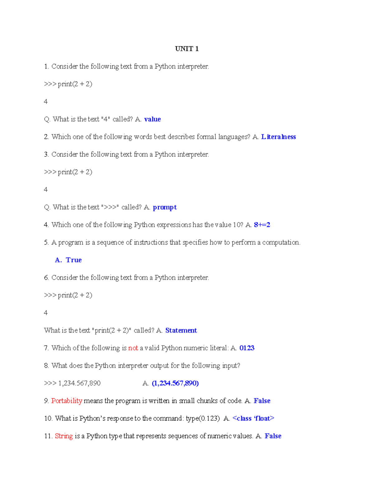 CS1101 unit 1-4 Self quiz - UNIT 1 Consider the following text from a Python interpreter. - Studocu