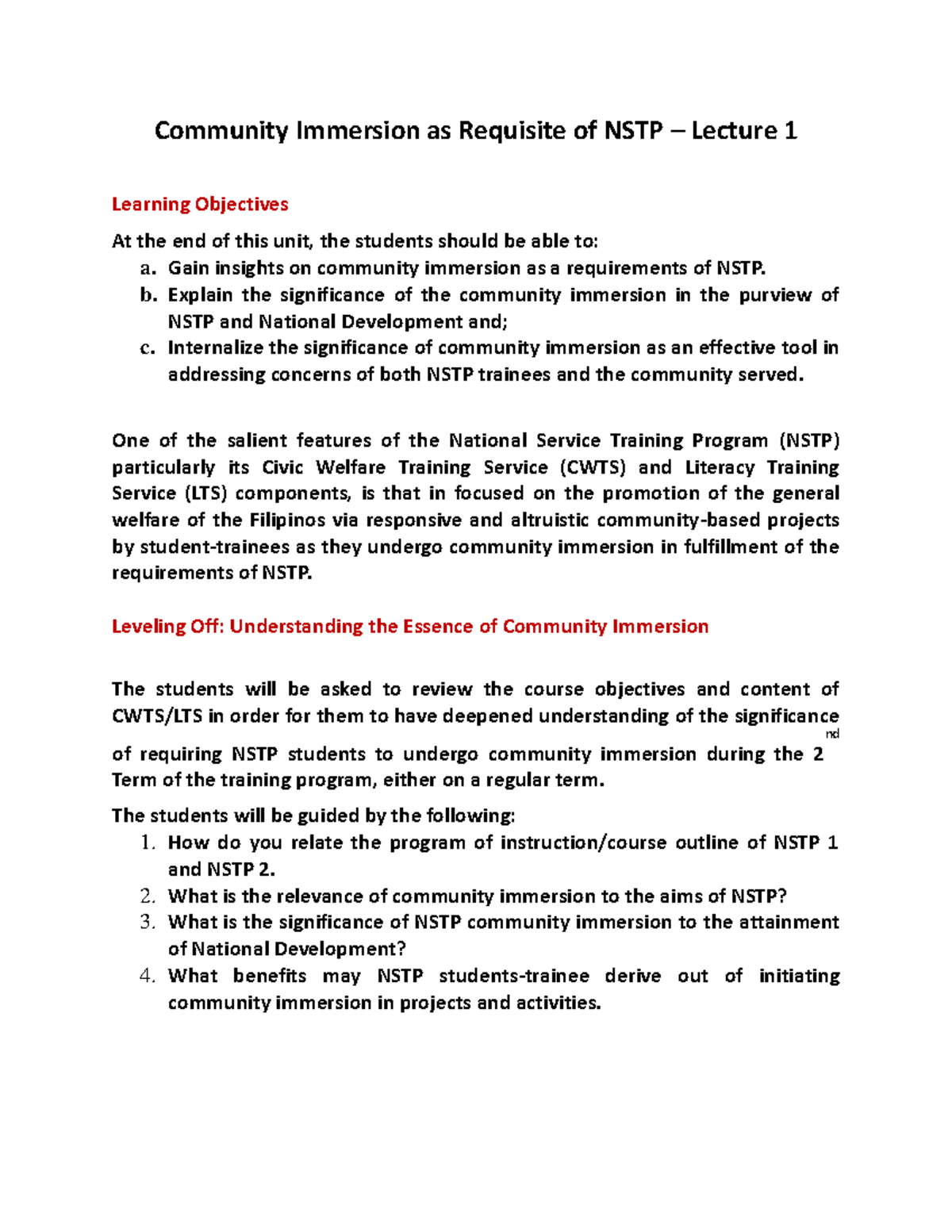 NSTP 102 - Reviewer - Community Immersion as Requisite of NSTP ...