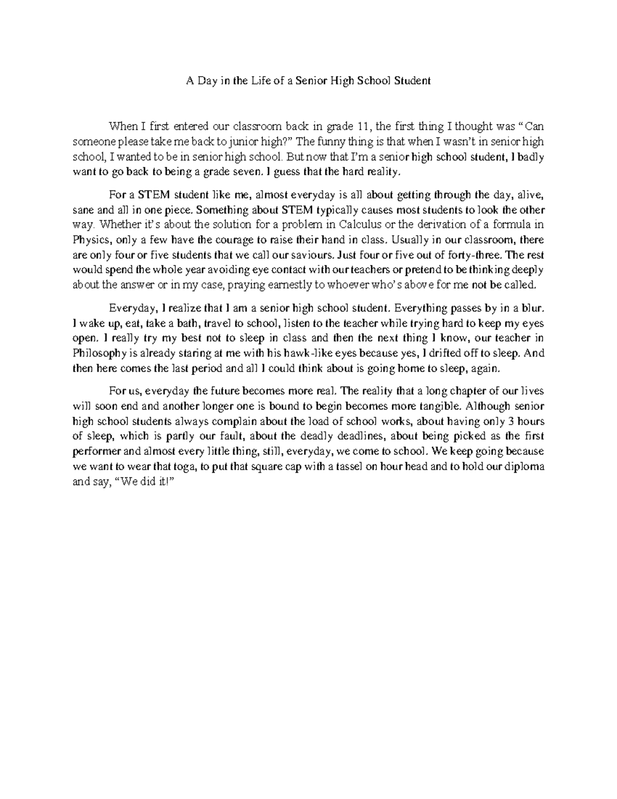A Day In The Life Speech Senior High School Student A Day In The Life