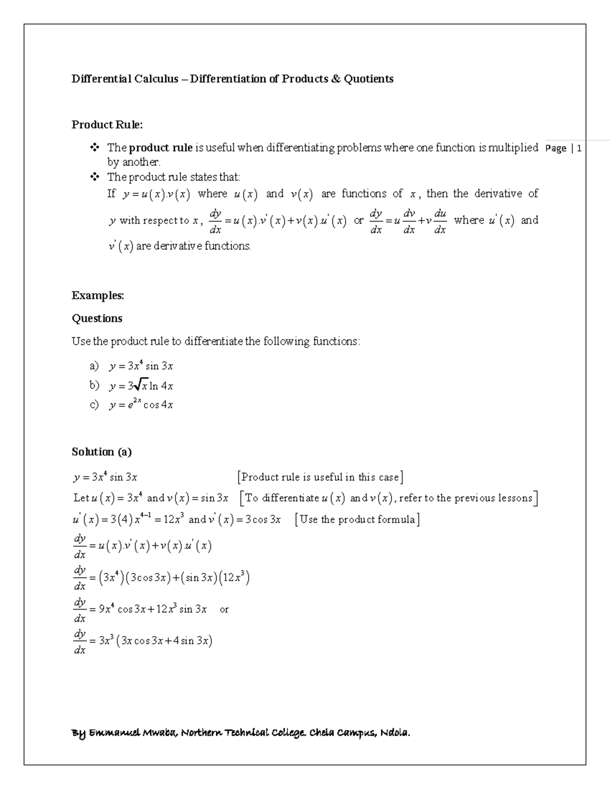 04. Differential Calculus - Differentiation Of Products & Quotients-1 ...