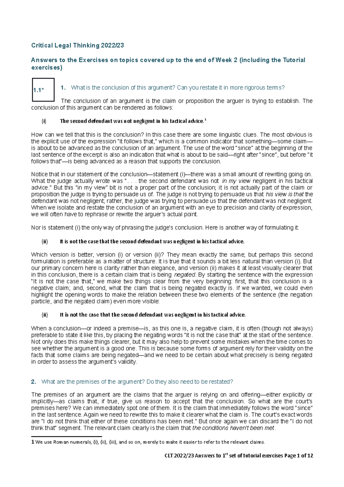 CLT 2022-23 Exercise Answers 1 - Critical Legal Thinking 2022/ Answers to the Exercises on ...