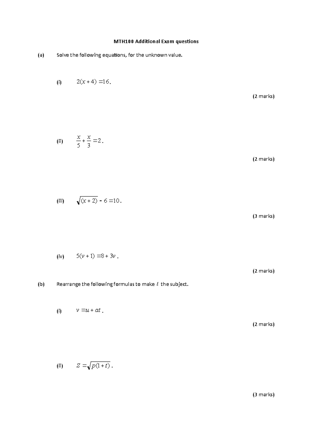 MTH105additional exam questions - MTH100 Additional Exam questions (a ...
