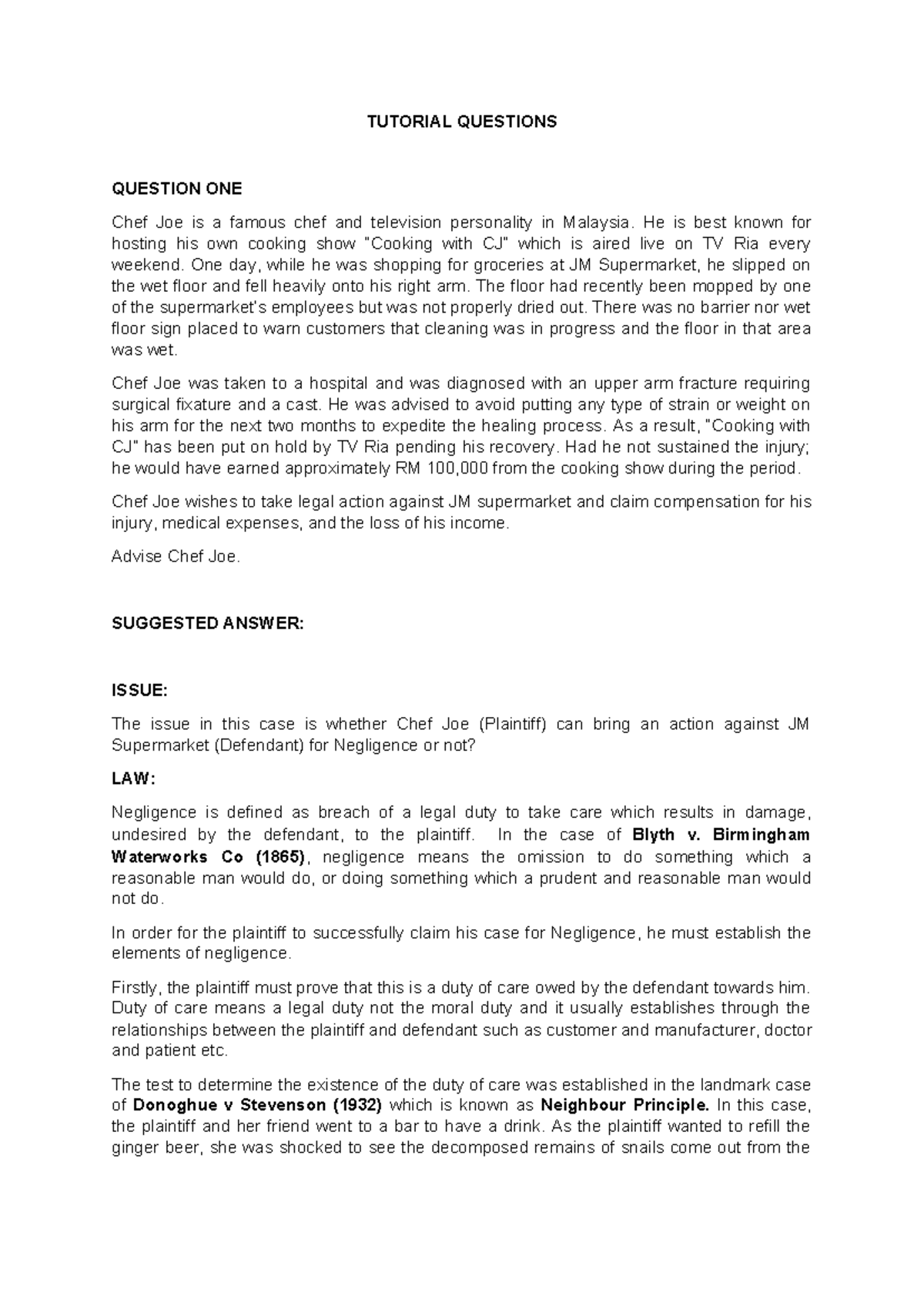 Sample Answer ILAC LAW245 LAW445 - TUTORIAL QUESTIONS QUESTION ONE Chef ...