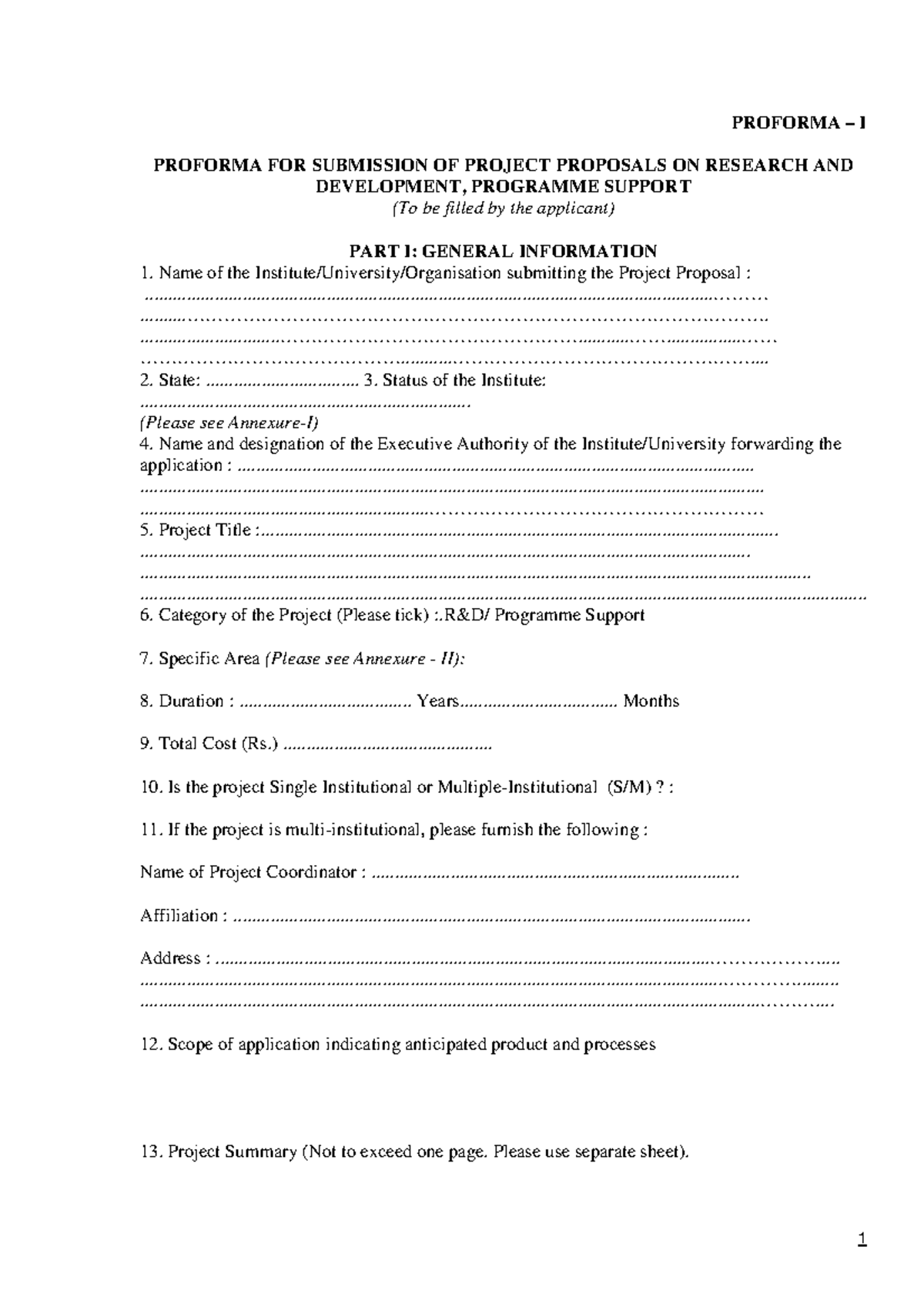 Proforma R&D - PROFORMA I PROFORMA FOR SUBMISSION OF PROJECT PROPOSALS ...