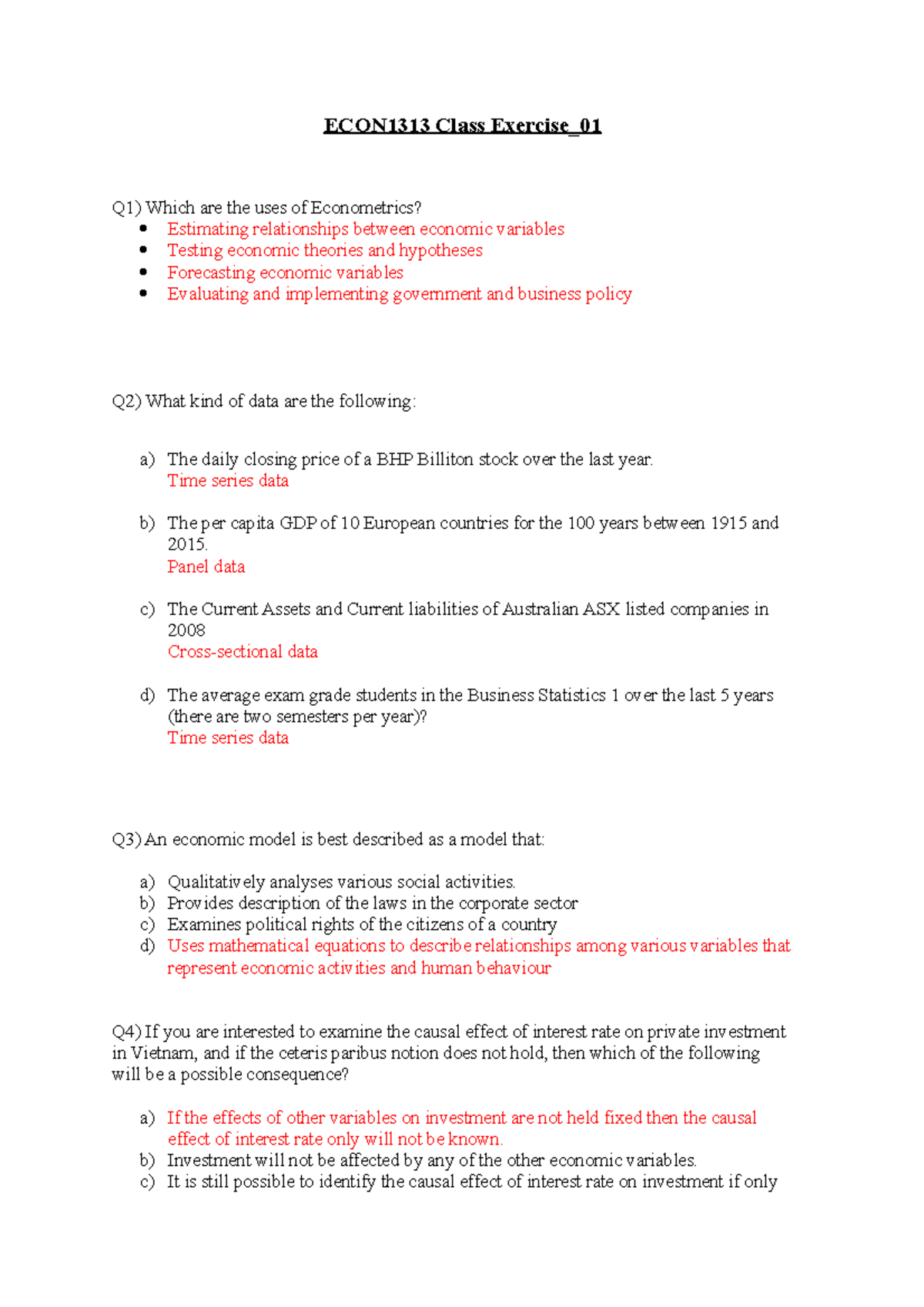 W1 The Nature Of Econometrics And Economic Data Exercise Econ1313 Class Exercise Q1 Which