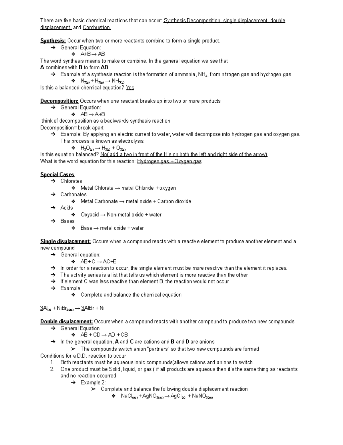 Chemistry Sheet - notes - There are five basic chemical reactions that ...