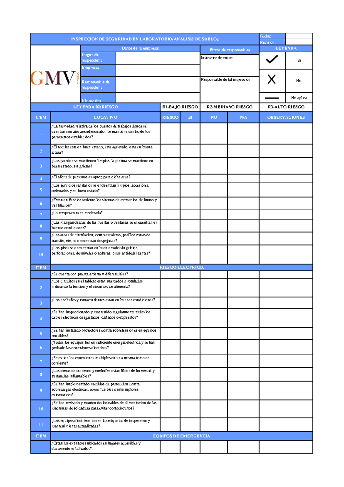 Laboratorio 1 - Fecha: Revision: ITEM RIESGO SI NO N/A 1 2 3 4 5 6 7 8 9 10 ITEM 1 2 3 4 5 6 7 8 ...