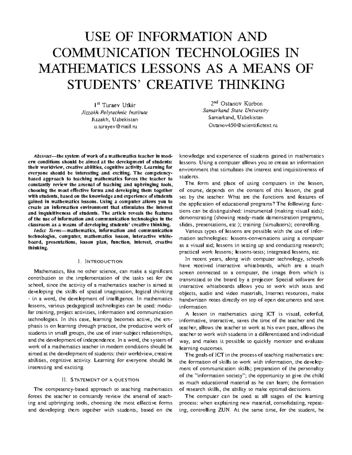 USE OF Information AND Communication Technologies IN Mathematics ...