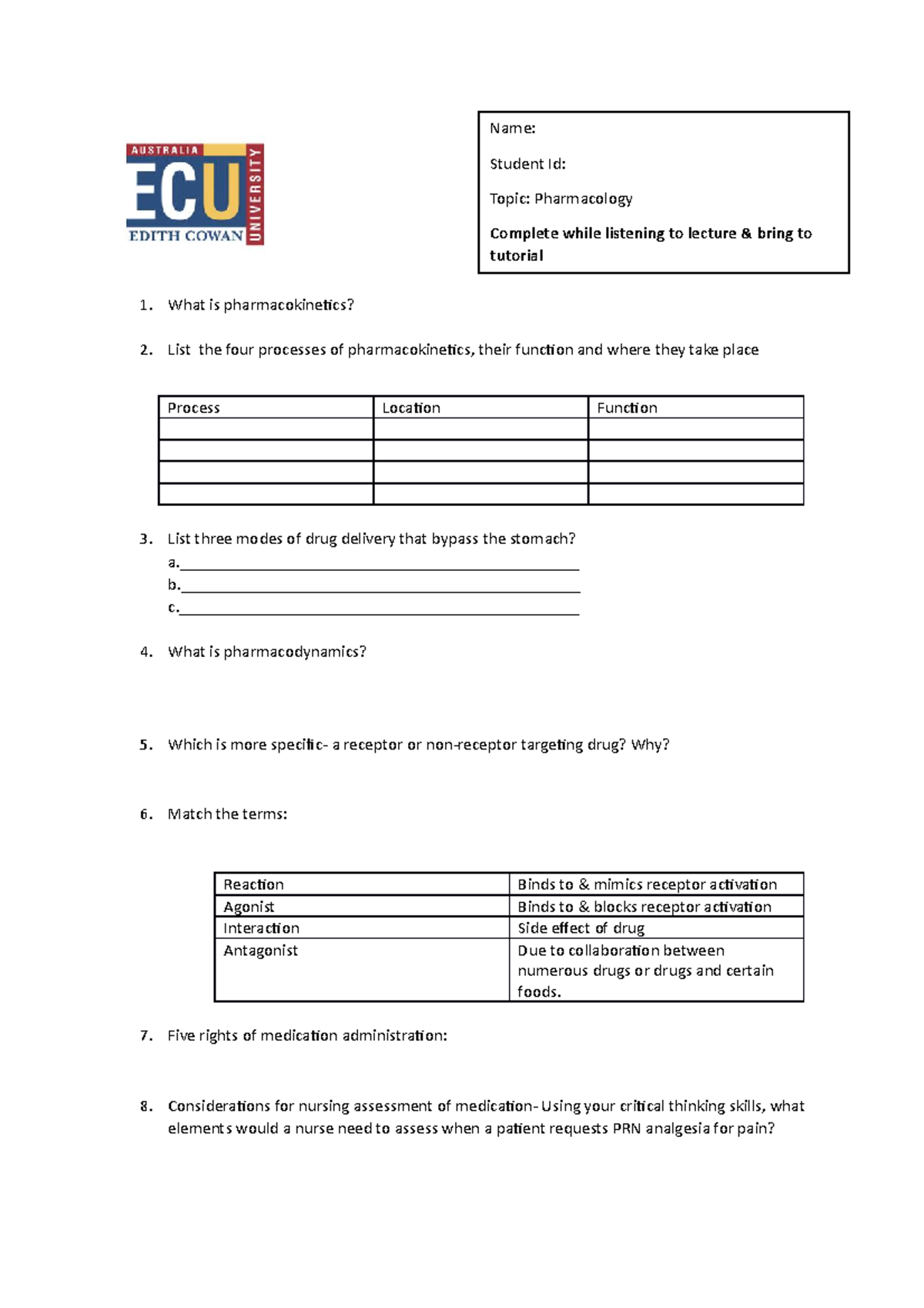 pharmacology worksheet class notes for - What is pharmacokinetics? List ...