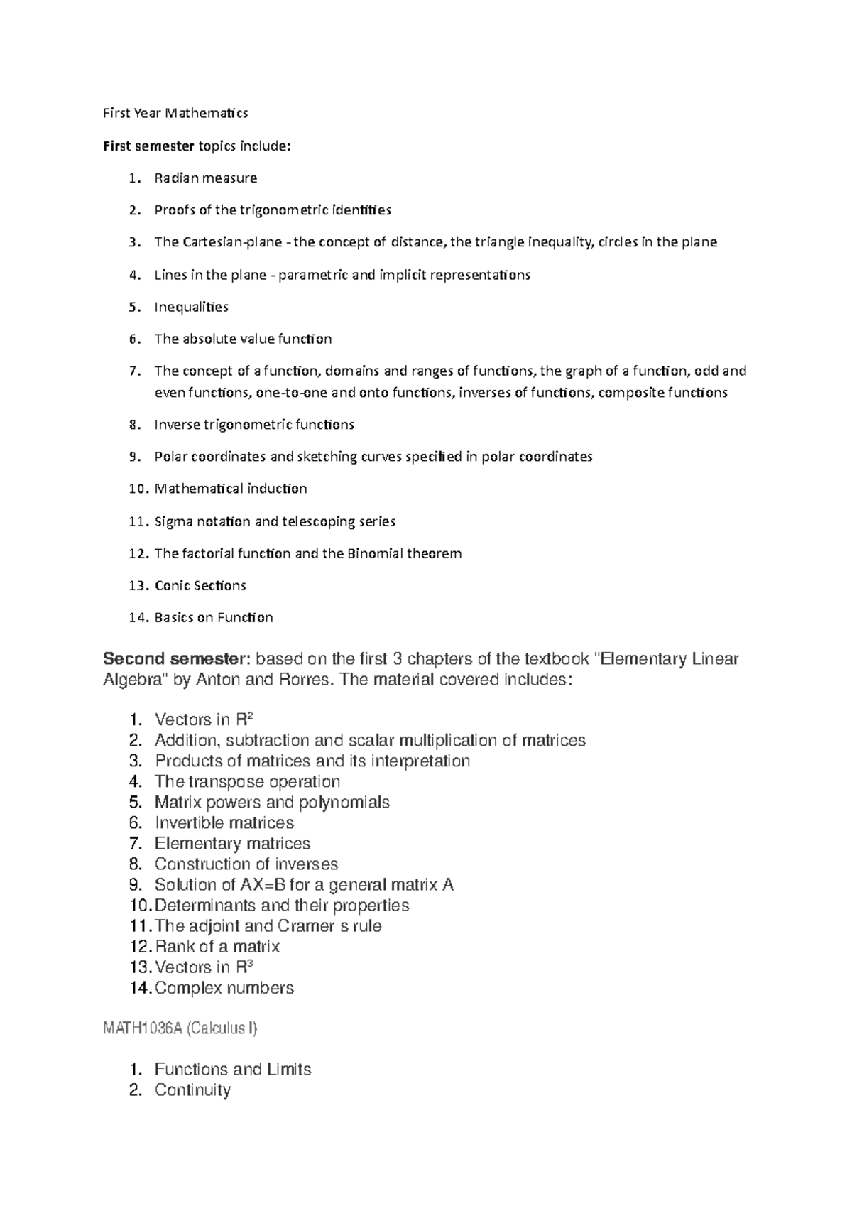 Math1 syllab - Notes - First Year Mathematics First semester topics ...