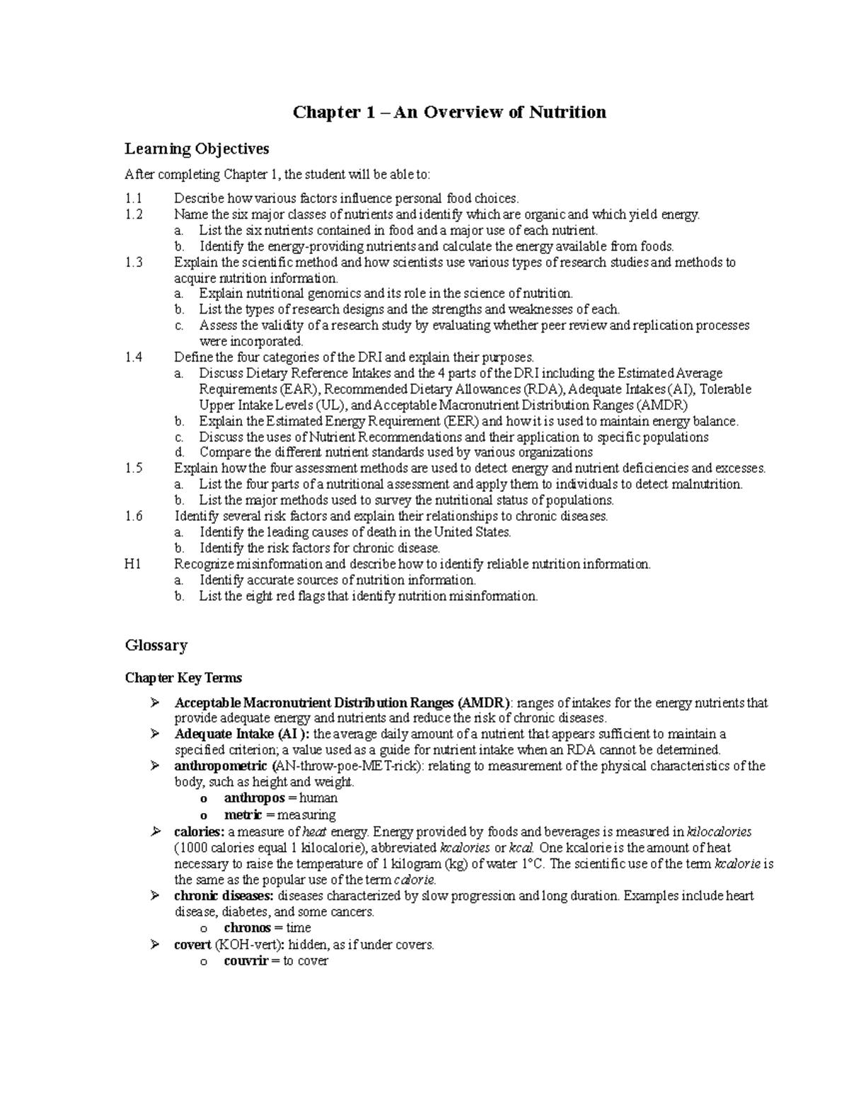 Chapter 1 Lecture Outline - Chapter 1 – An Overview of Nutrition ...