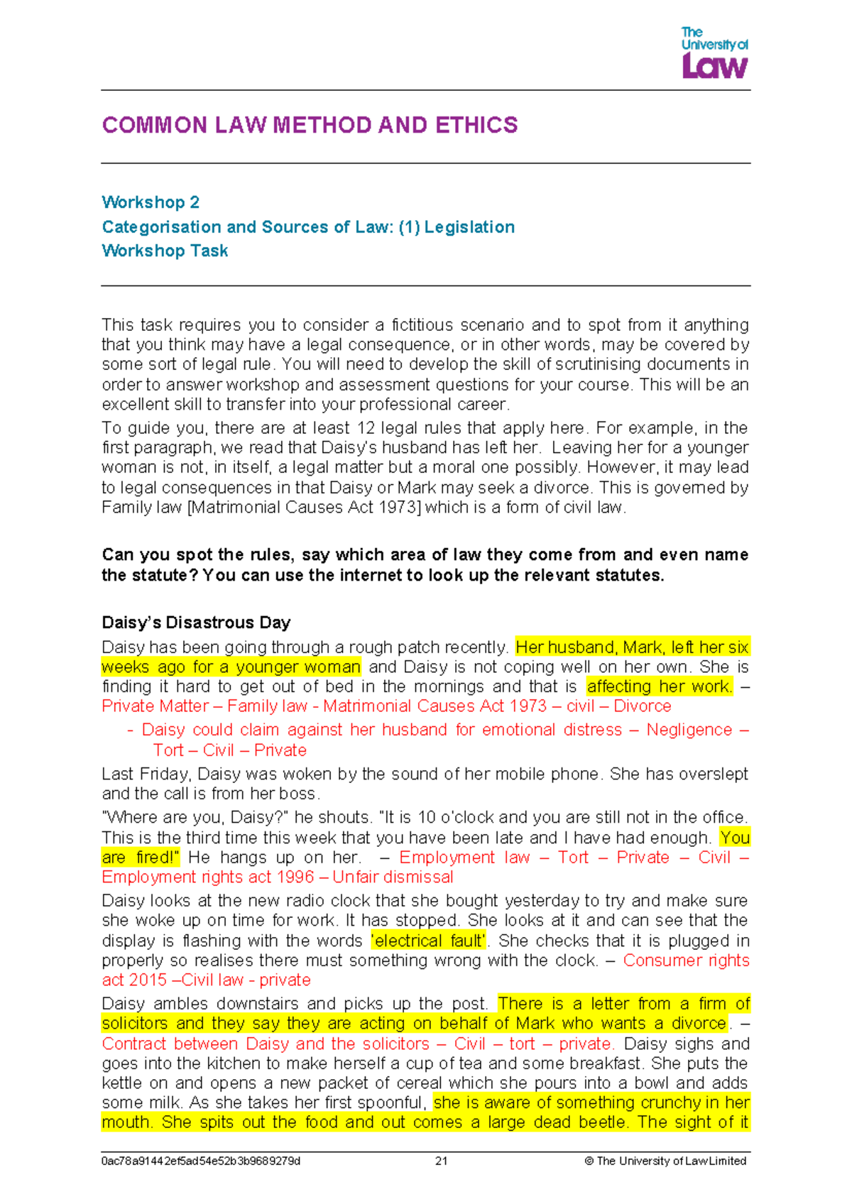 121021 WS task - WS task materials - COMMON LAW METHOD AND ETHICS Workshop 2 Categorisation and ...