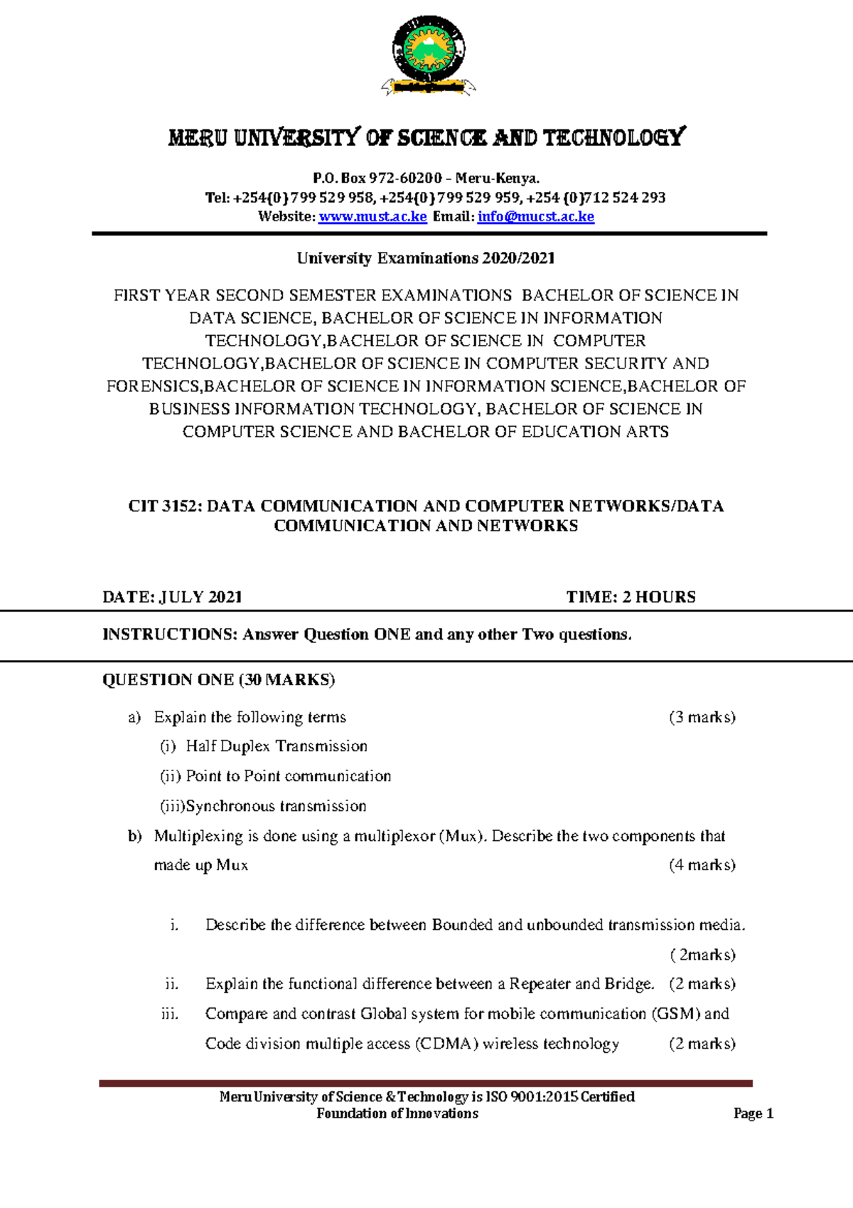 CIT 3152 DATA Communication AND Computer Networks DATA Communication AND Networks 2 - Meru - Studocu