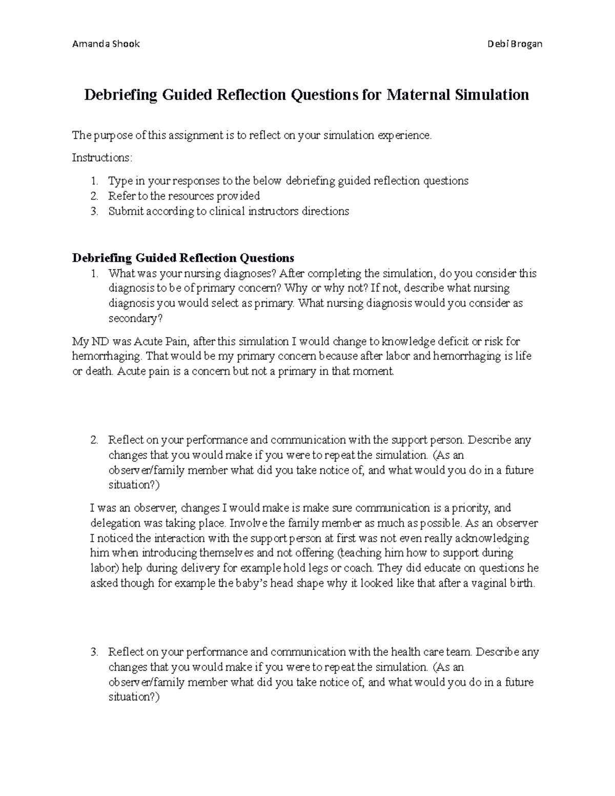 OB Debriefing Reflective Questions - Amanda Shook Debi Brogan ...