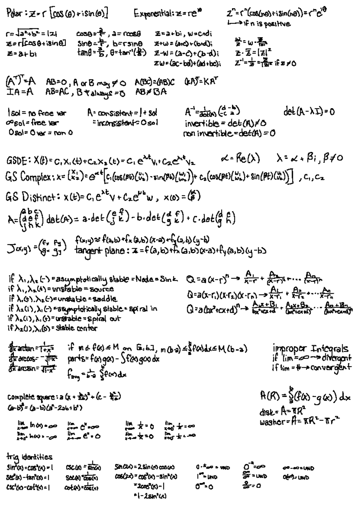 Calc Final Memory Aid - cheat sheet - Polar : = = r [20S (f) + isin(0 ...