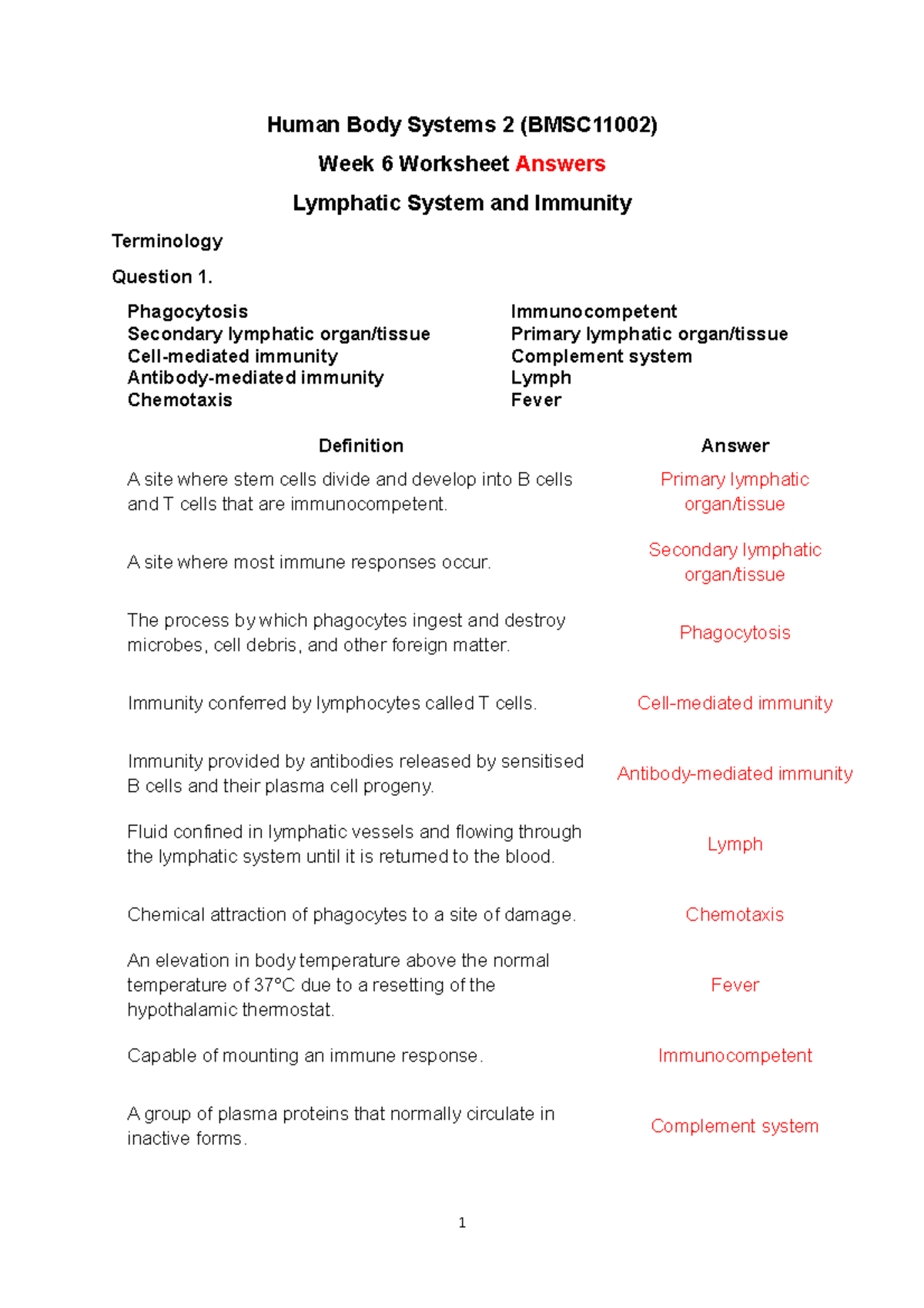 BMSC11002 - Week 6 Lymphatic system and immunity Answers - Human Body ...