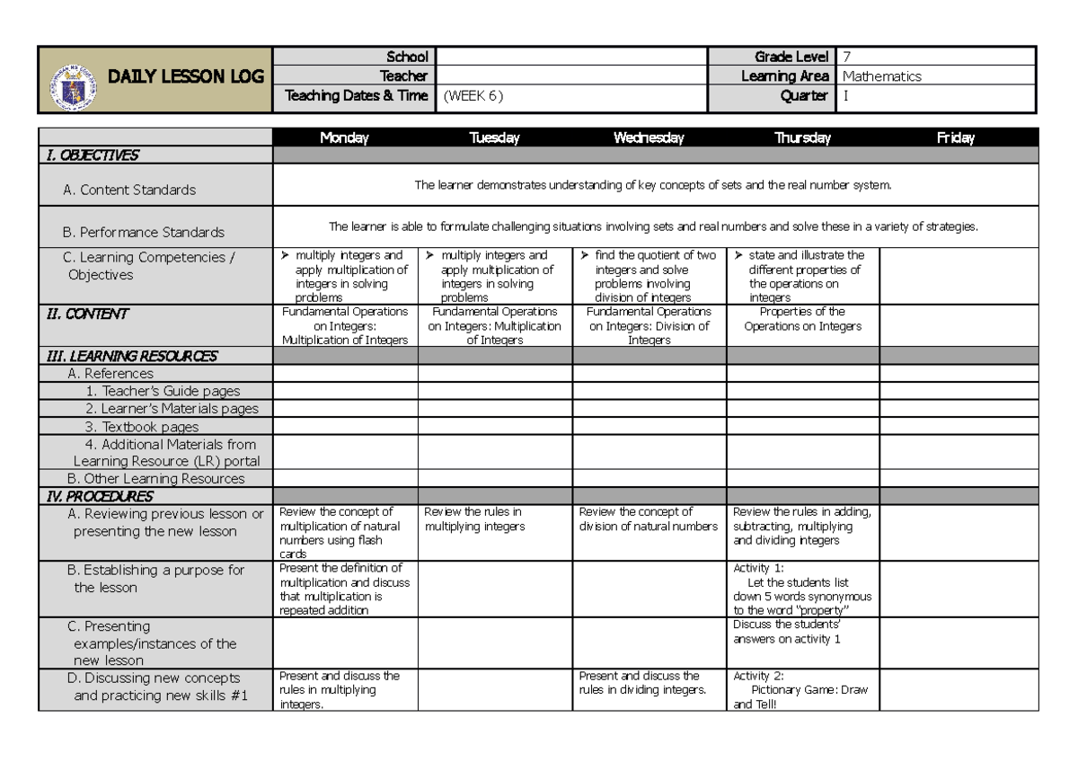 Sample Grade 7 DLL Q1W6 - DAILY LESSON LOG School Grade Level 7 Teacher ...