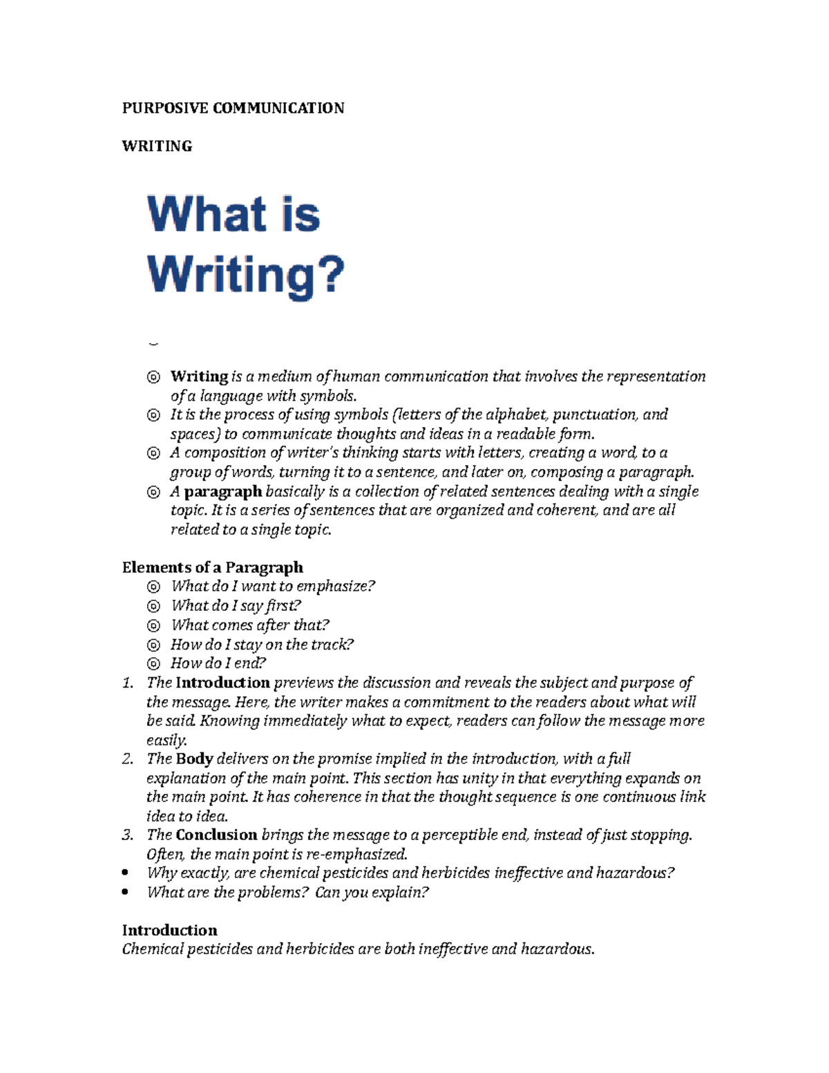 Writing - Lecture notes 1-9 - PURPOSIVE COMMUNICATION WRITING Writing ...