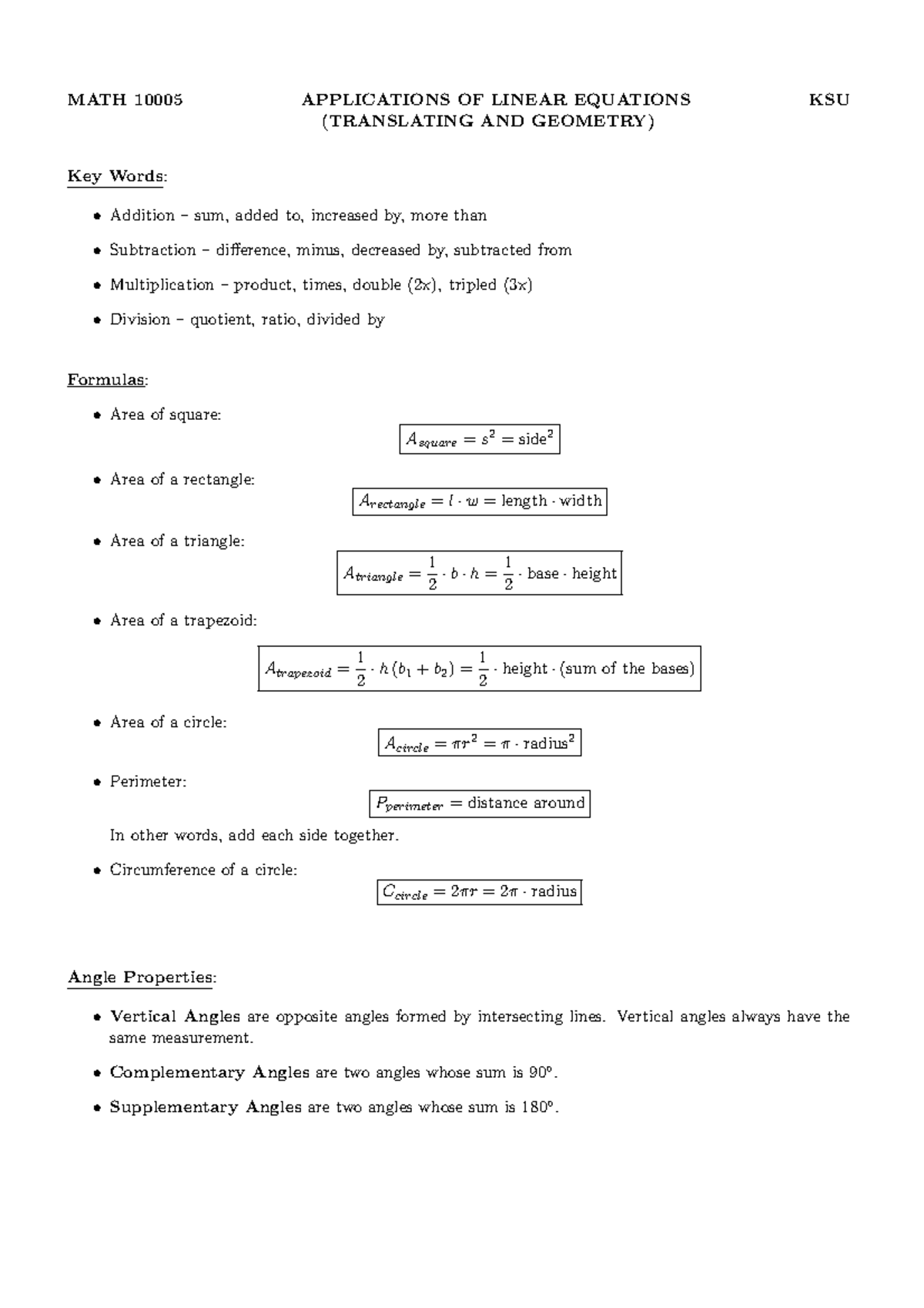 Translating Linear Equations and Formulas from Geometry - MATH 10005 ...