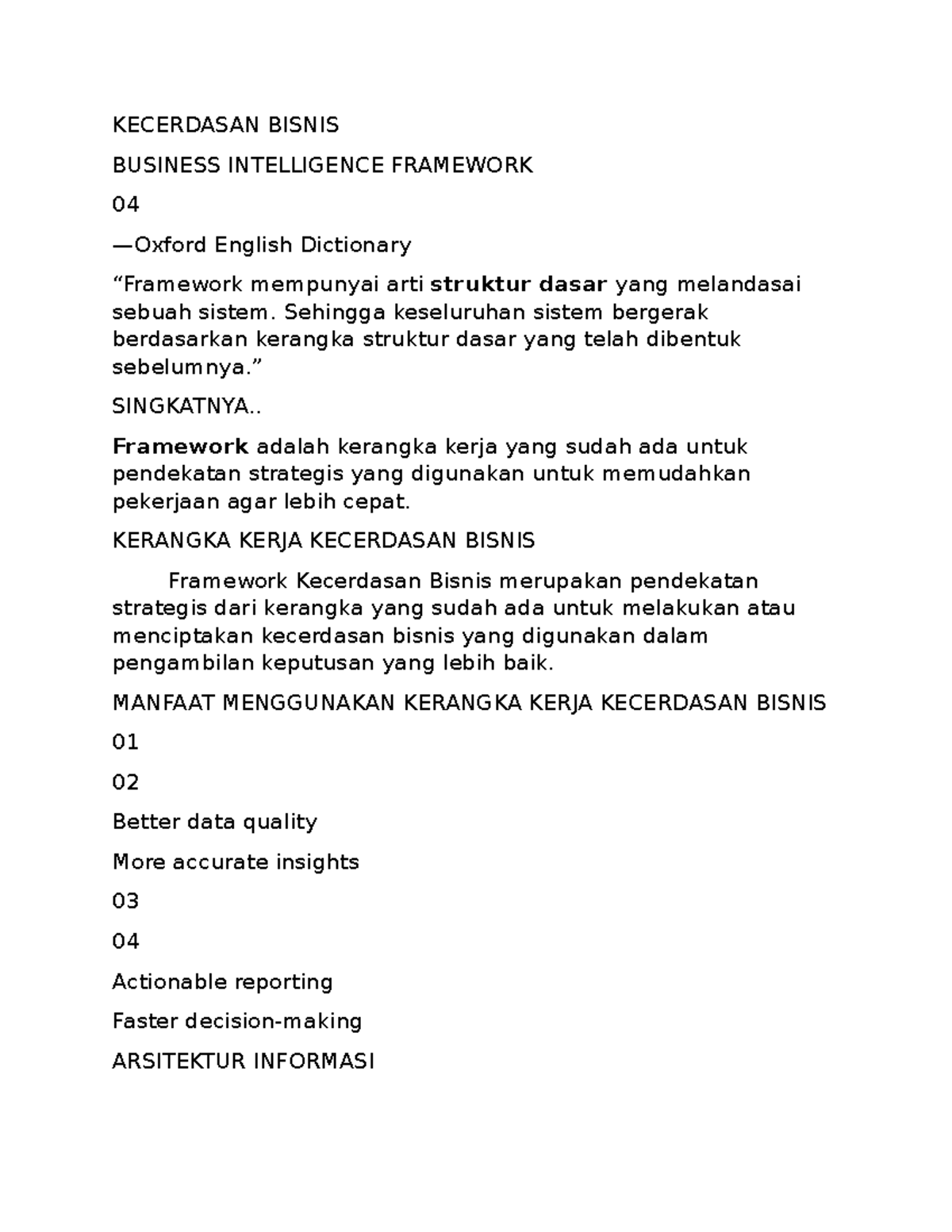 Kecerdasan Bisnis 5 - BUSINESS - KECERDASAN BISNIS BUSINESS INTELLIGENCE FRAMEWORK 04 —Oxford ...