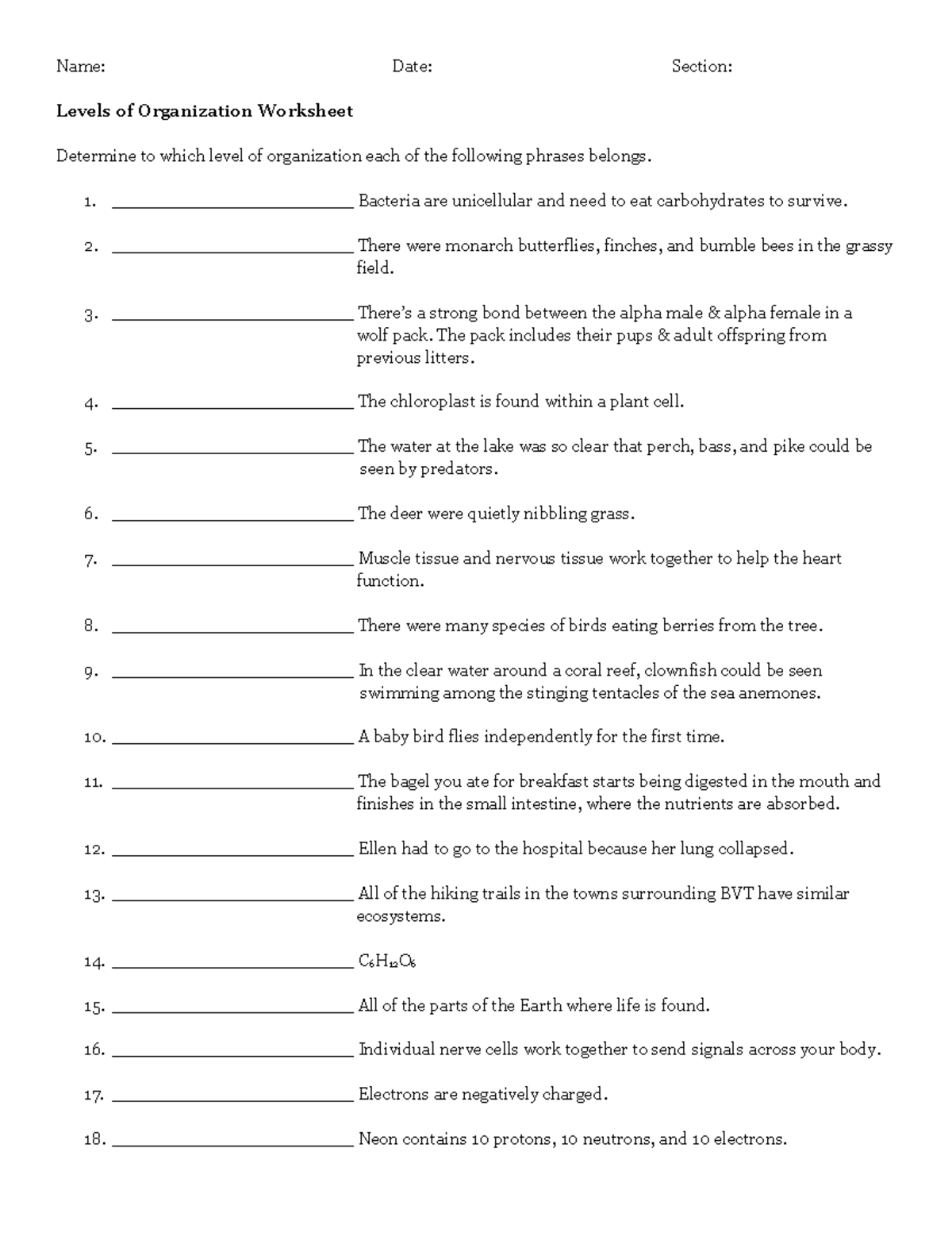Levels of Organization Worksheet - Name: Date: Section: Levels of ...