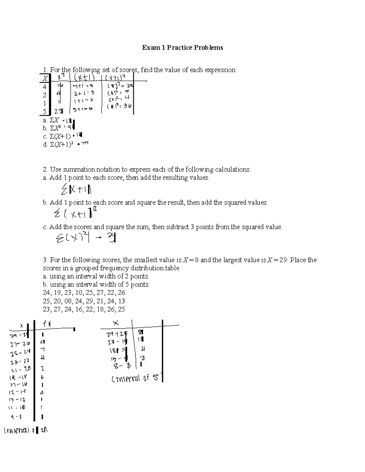 Exam 1 Practice Problems - Exam 1 Practice Problems For the following ...