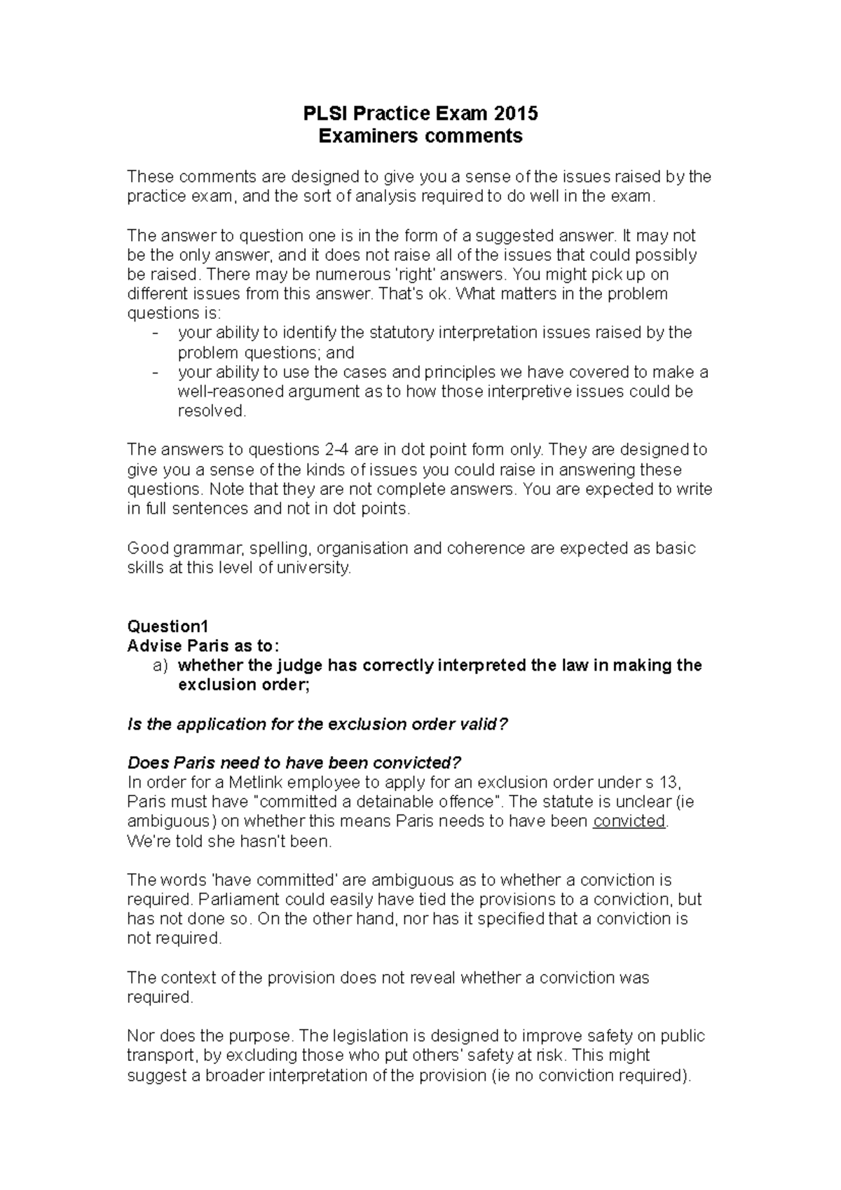 PLSI Practice Exam Metlink examinerscomments - PLSI Practice Exam 2015 ...