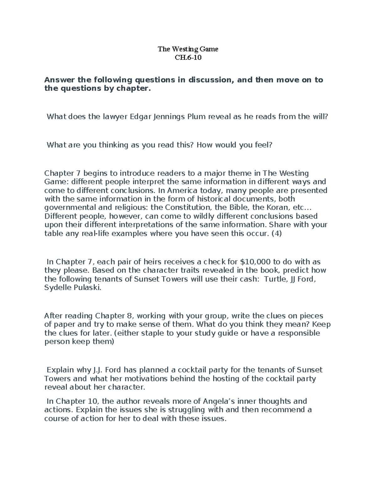 CH - Resource - The Westing Game CH- Answer the following questions in ...