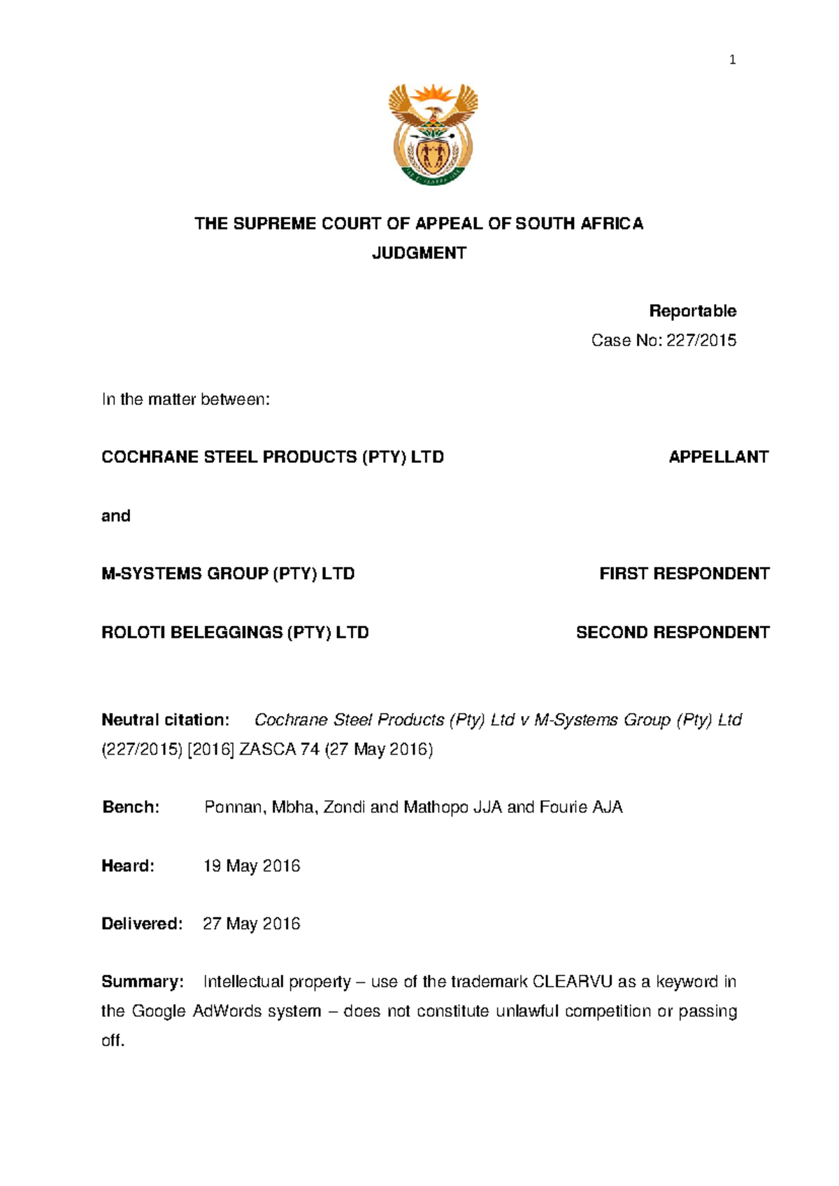 Cochrane Steel case - case law - THE SUPREME COURT OF APPEAL OF SOUTH ...