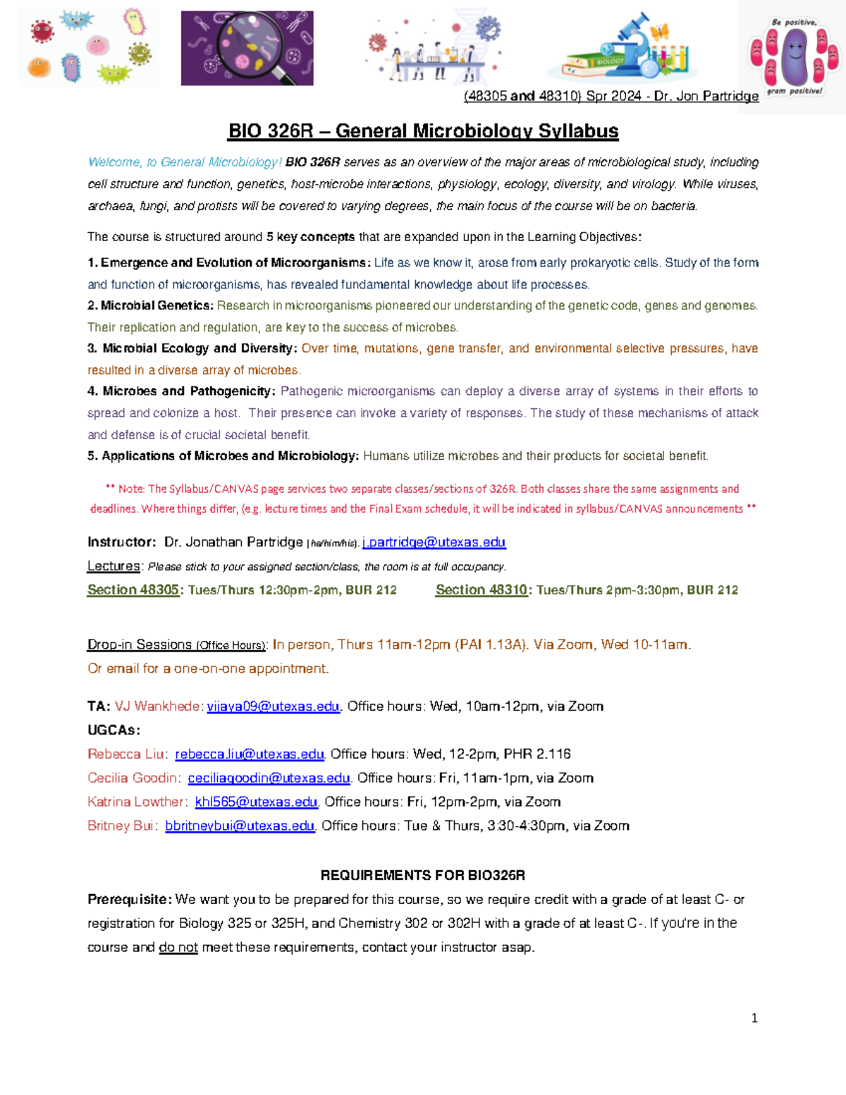 BIO Syllabus Spr 24-1 - (4 8305 and 48310 ) Spr 2024 - Dr. Jon Partridge BIO 3 26R – General ...