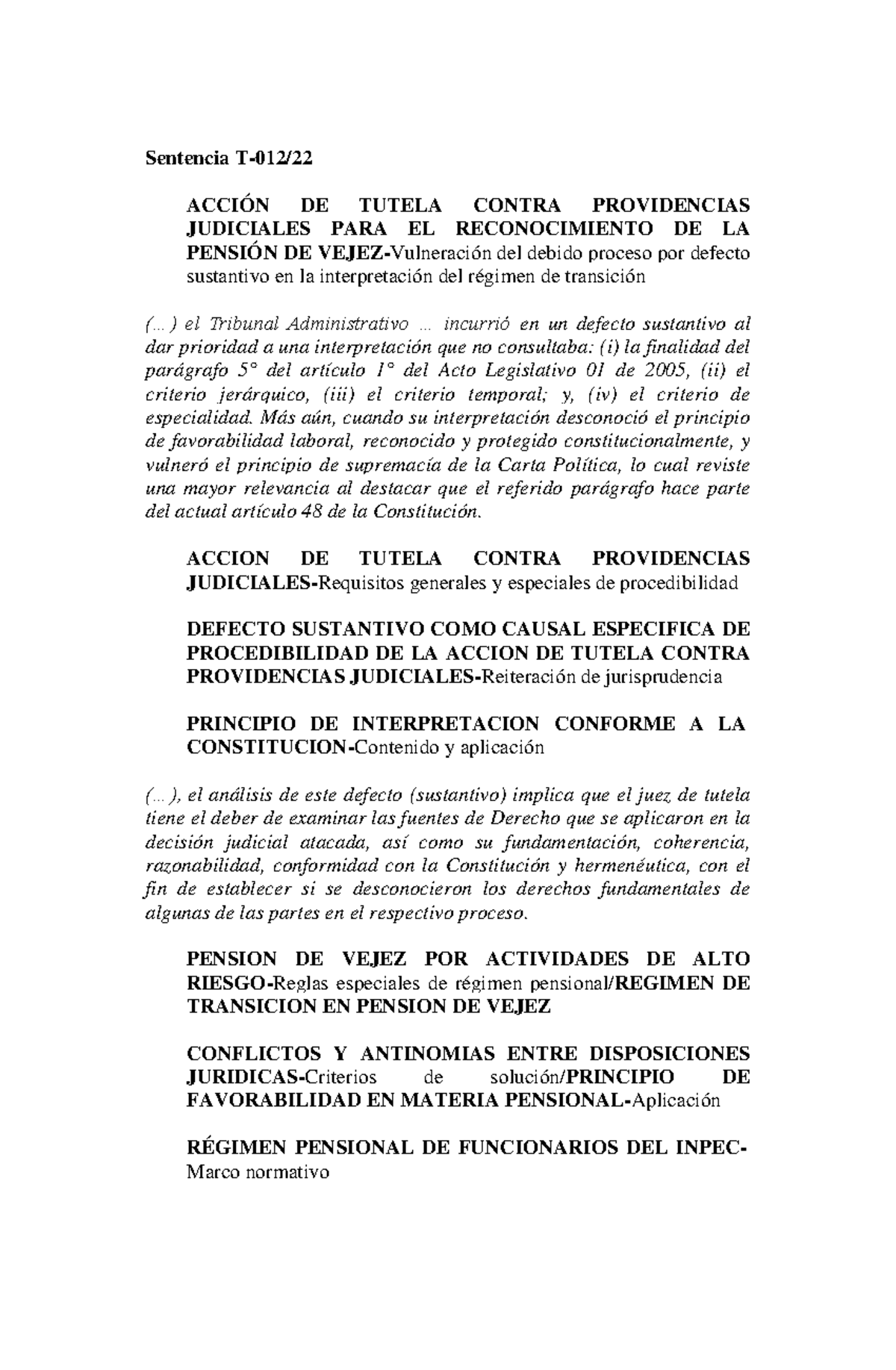 Sentencia de T-012-22 - Sentencia T- 012 / 22 ACCIÓN DE TUTELA CONTRA ...