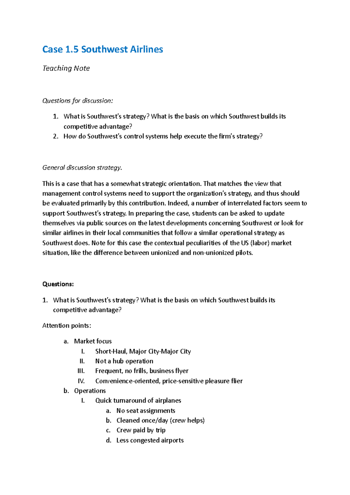 Case 1 - notes - Case 1 Southwest Airlines Teaching Note Questions for ...