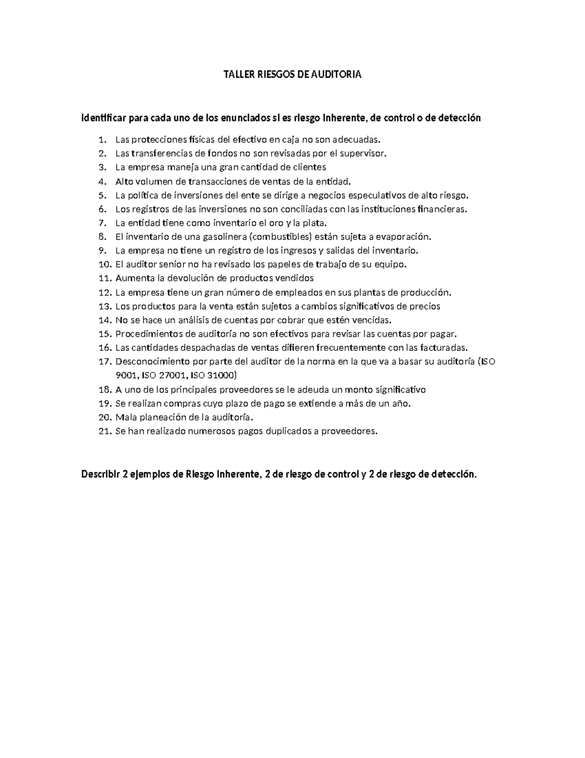 TAller identificación de Riesgo Inherente Y Control - TALLER RIESGOS DE ...