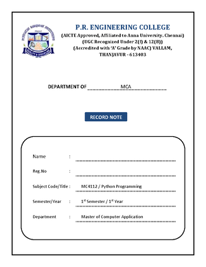 Python lab manual first three program - Name: Reg: Subject Code/Title:MC4112 / Python ...