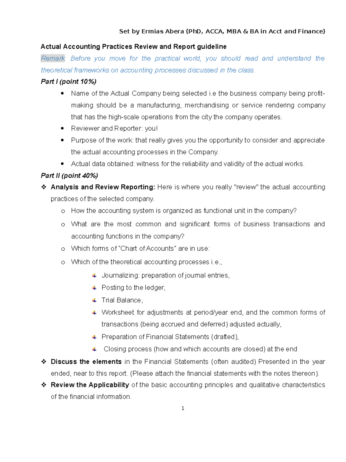 Actual Accounting Practices Review and Report guideline - Set by Ermias ...
