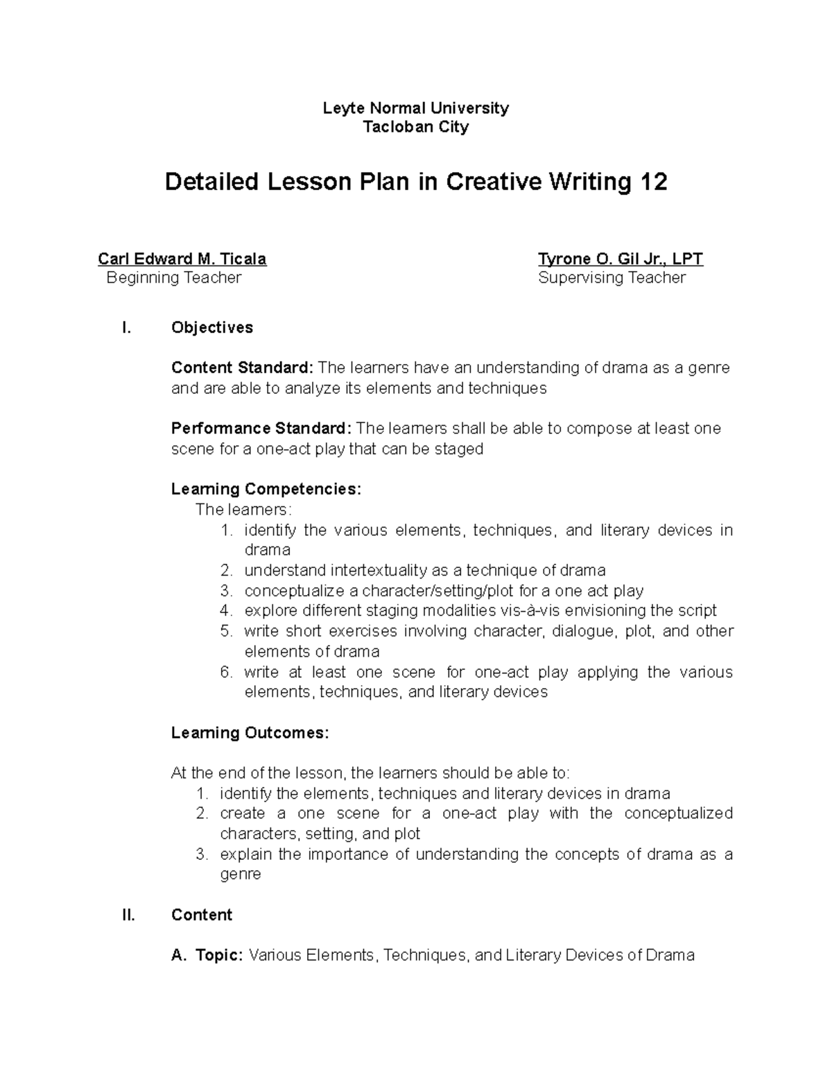 Lesson Plan Format for Profed 103 - Leyte Normal University Tacloban ...